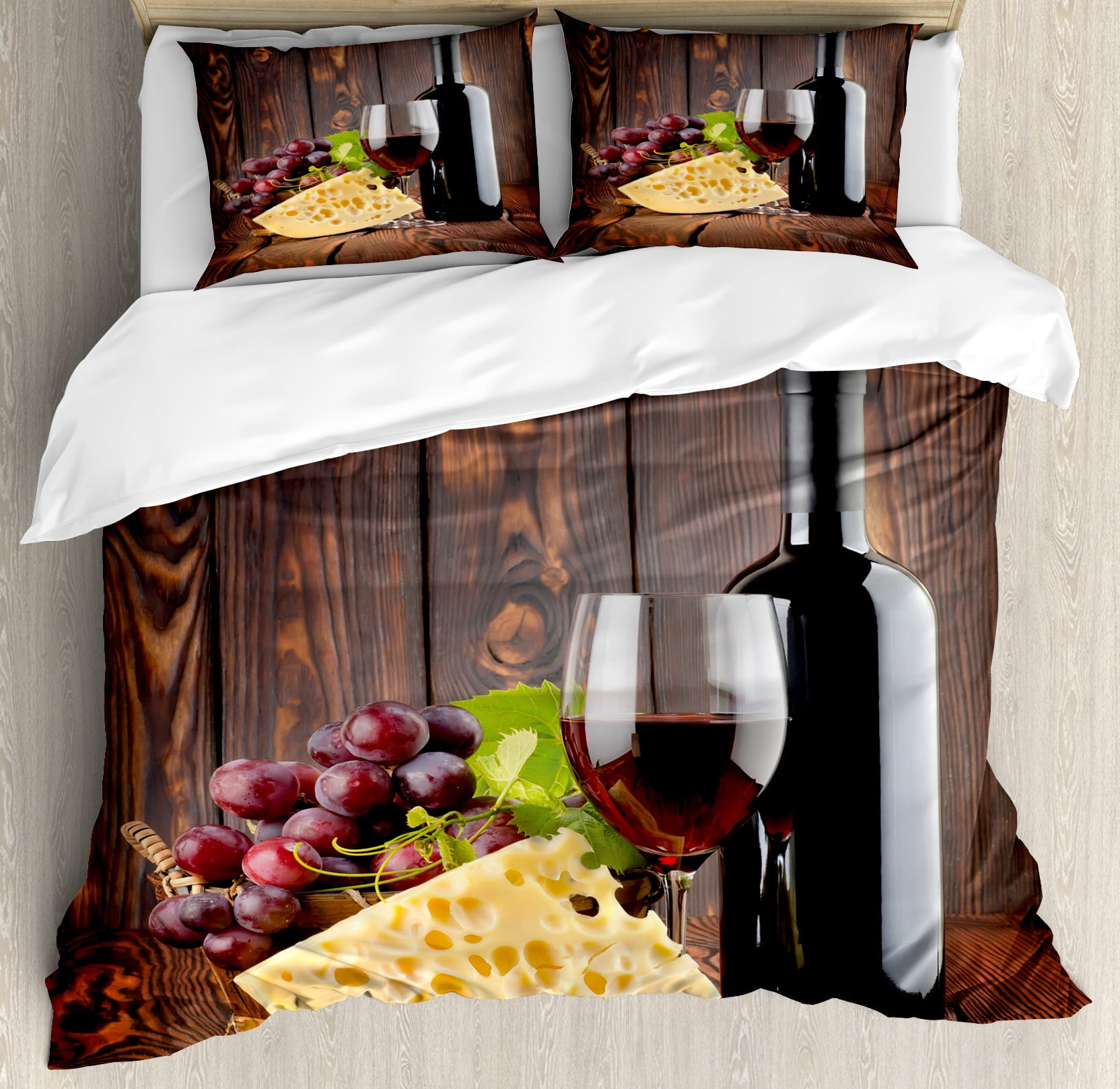 Wine Duvet Cover Set, Red Wine Cabernet Bottle and Glass Cheese and ...