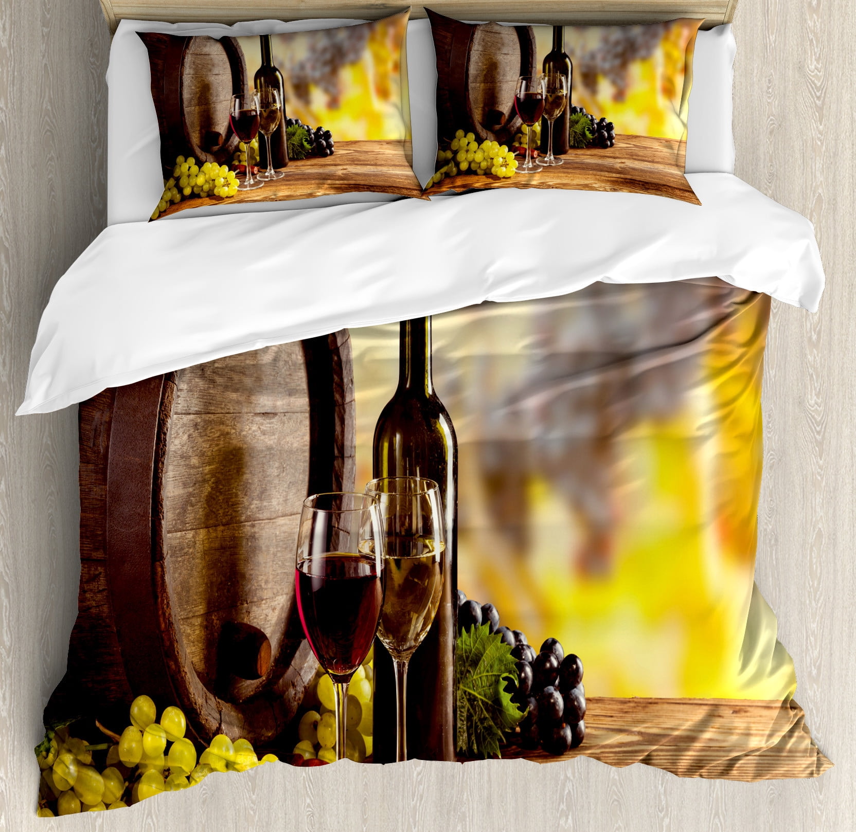 Wine Duvet Cover Set, Red and White Wine Bottle Glass on Wooden Keg ...