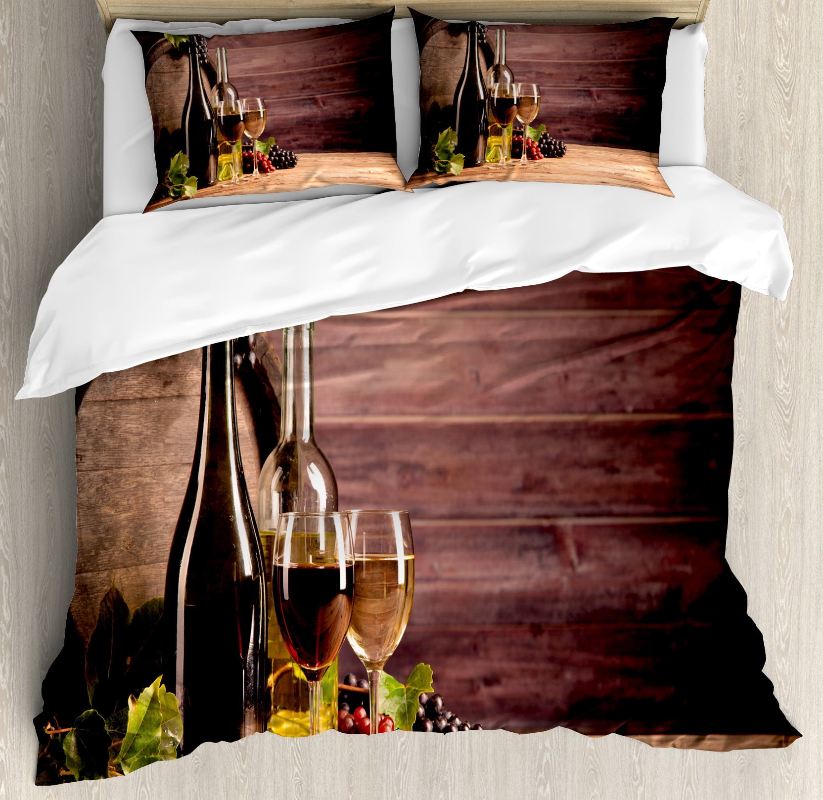Wine Duvet Cover Set, Still Life of Wine with Wooden Keg Rustic Concept ...