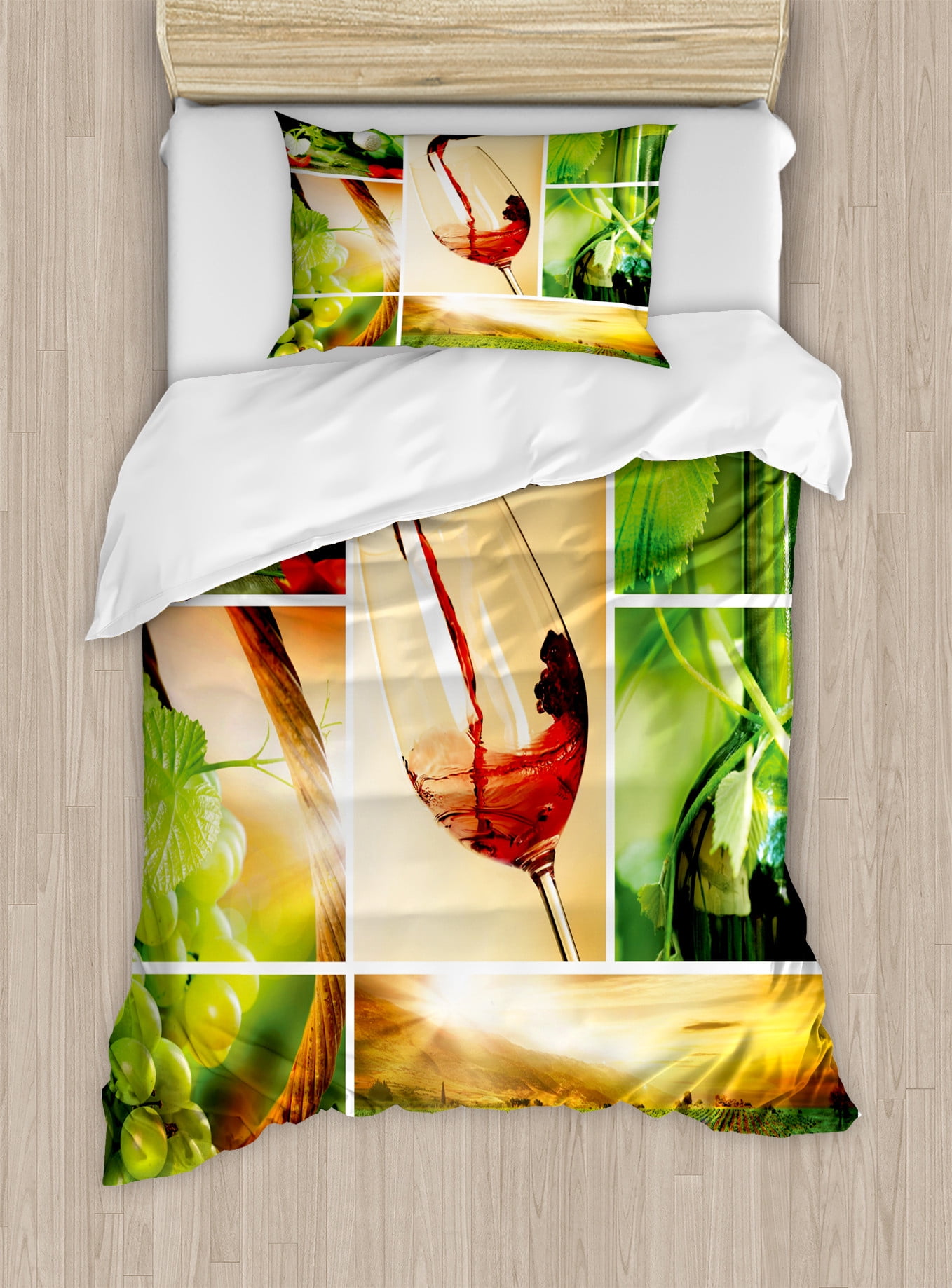 Wine Duvet Cover Set, Wine Tasting and Grapevine Collage Green Fresh ...