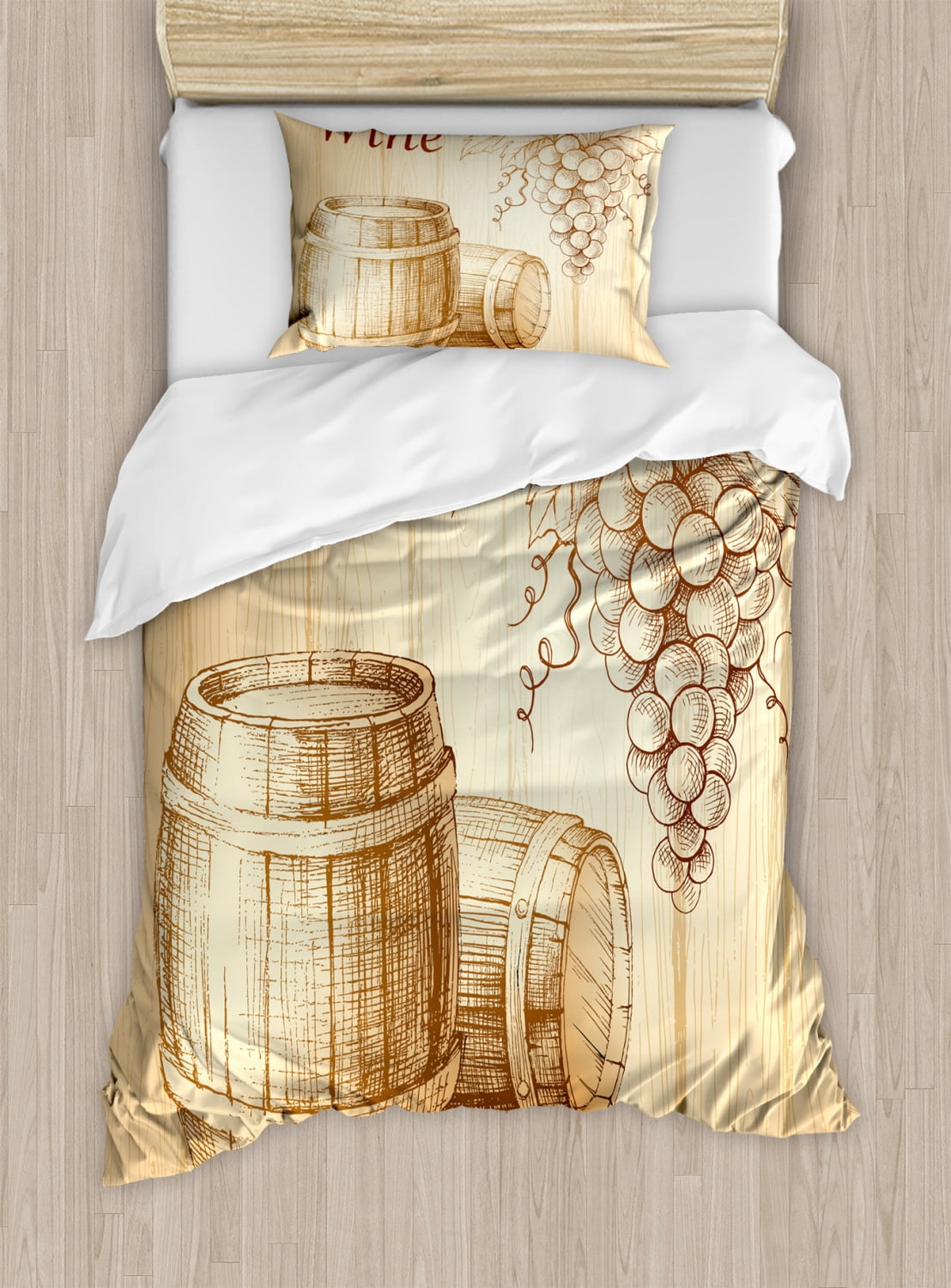 Wine Duvet Cover Set Twin Size, Wooden Barrels and Bunch of Grapes on ...