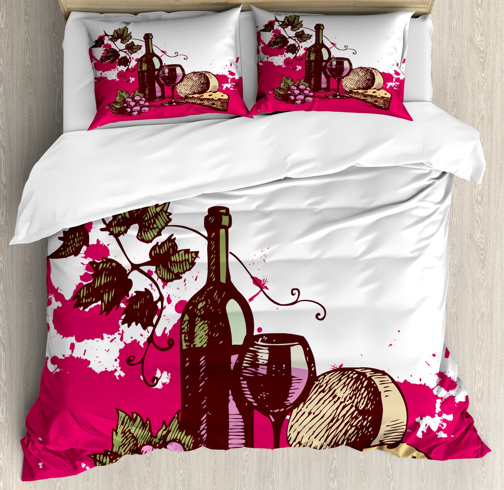 Wine Duvet Cover Set, Vintage Sketchy Art Cheese Alcoholic Drink Fruit ...