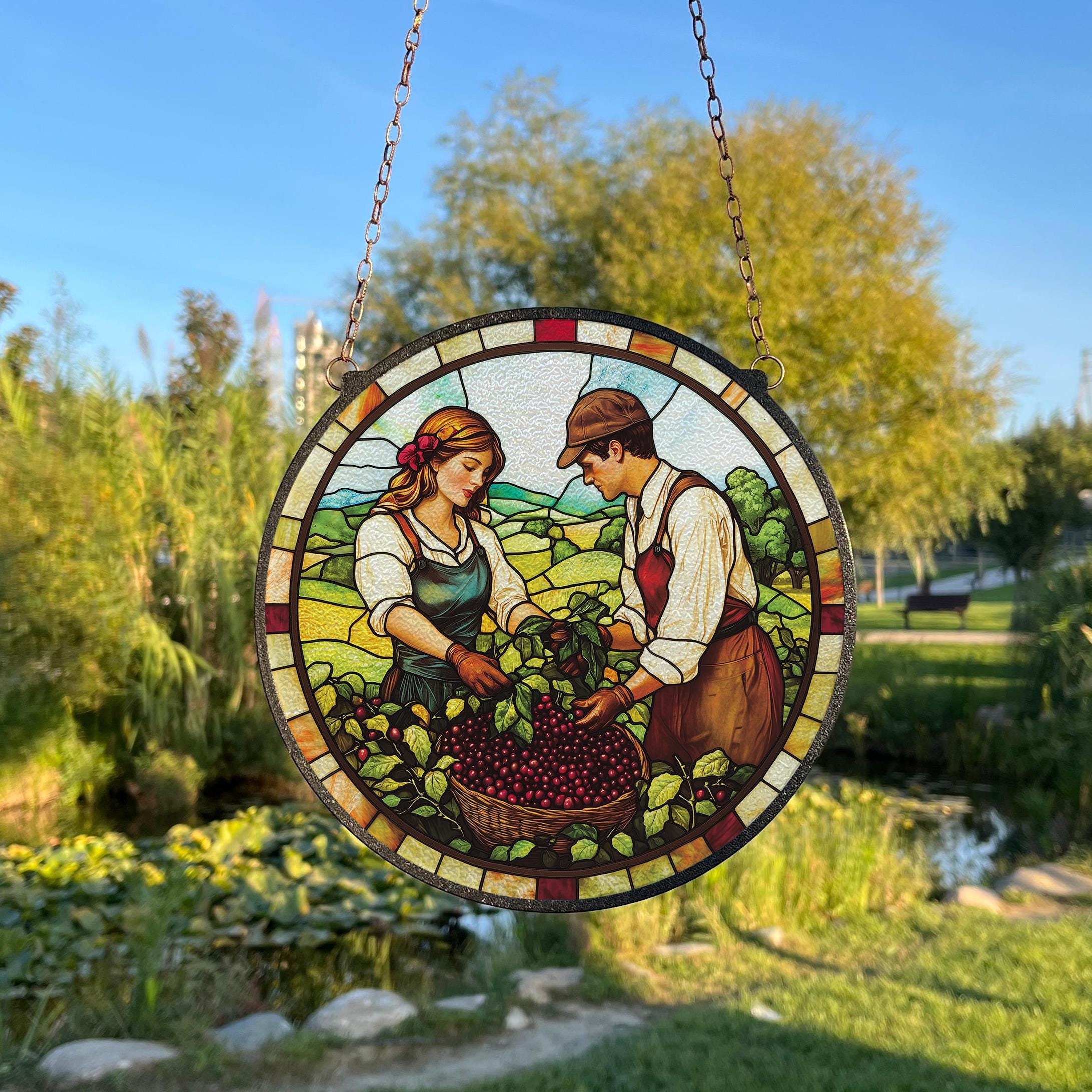Wine Farmers Painted Stained Glass Suncatcher, Window Hanging Decor ...