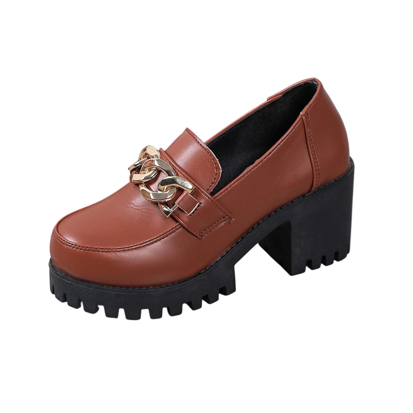 Wine Female Wine Red Heeled Loafers Made From Pu With A Round Toe And ...