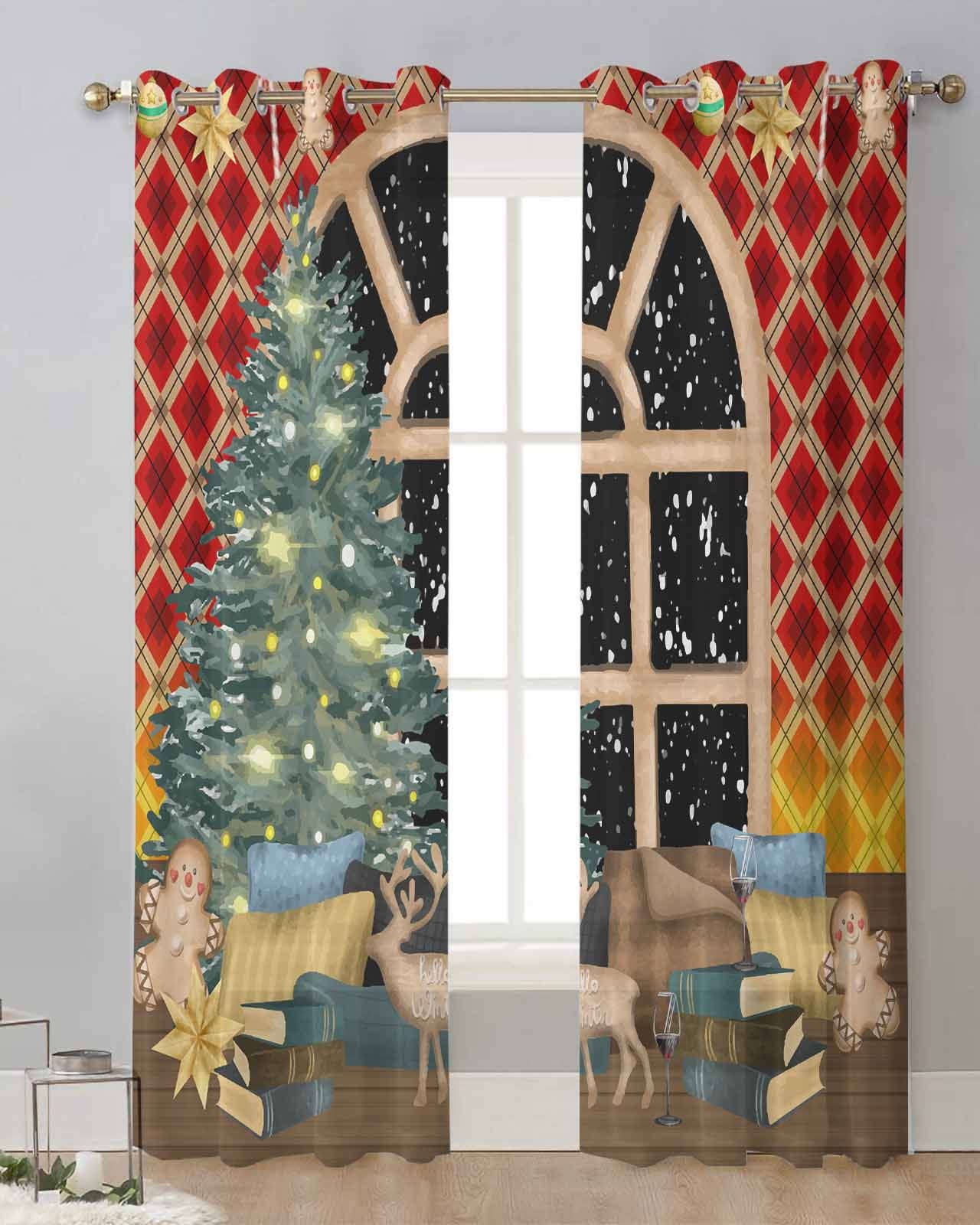 Wine Gingerbread People Reindeer Stars Sheer Curtains For Living Room ...