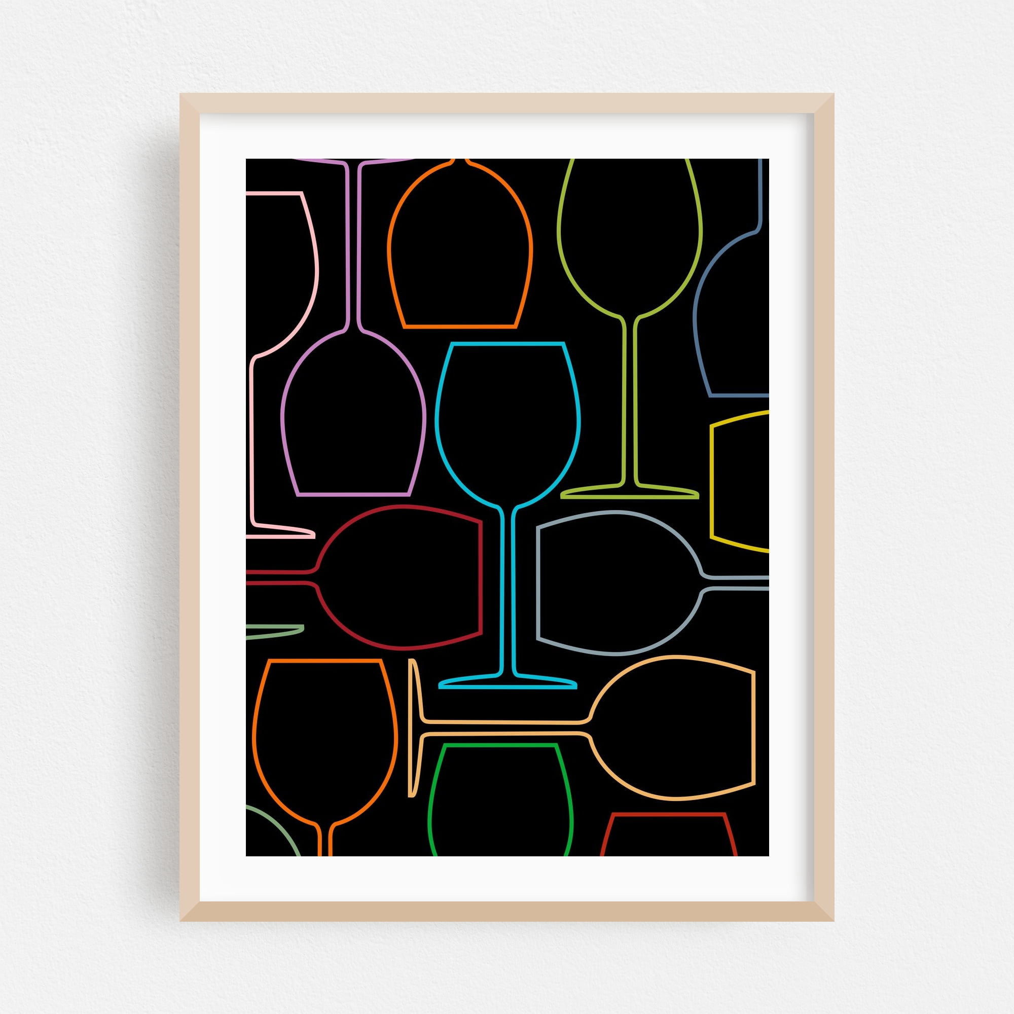 Wine Glass Line Art Color on Black - Digital Art Line Art Neon Sign ...