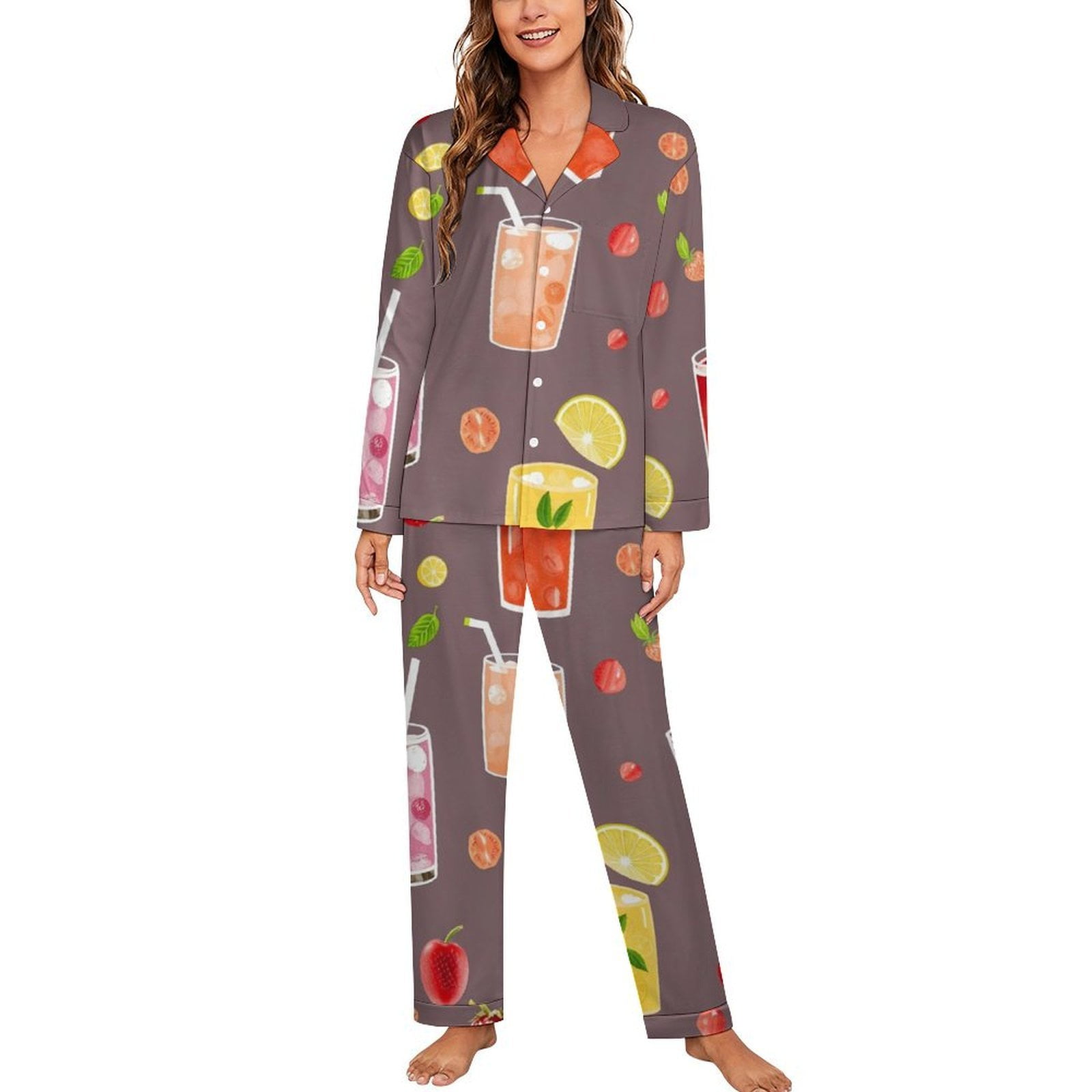 Wine Glass Pajamas Woman Home Suit Autumn Long Sleeve 2 Piece Night V ...