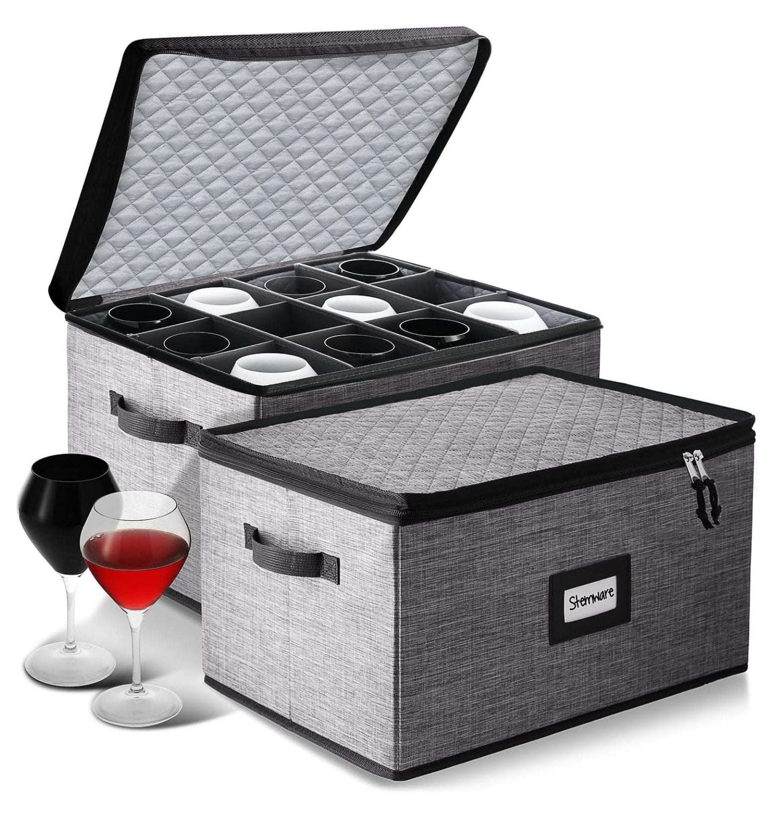 Wine Glass Storage Box with Dividers – 2 Pack Stackable Stemware ...