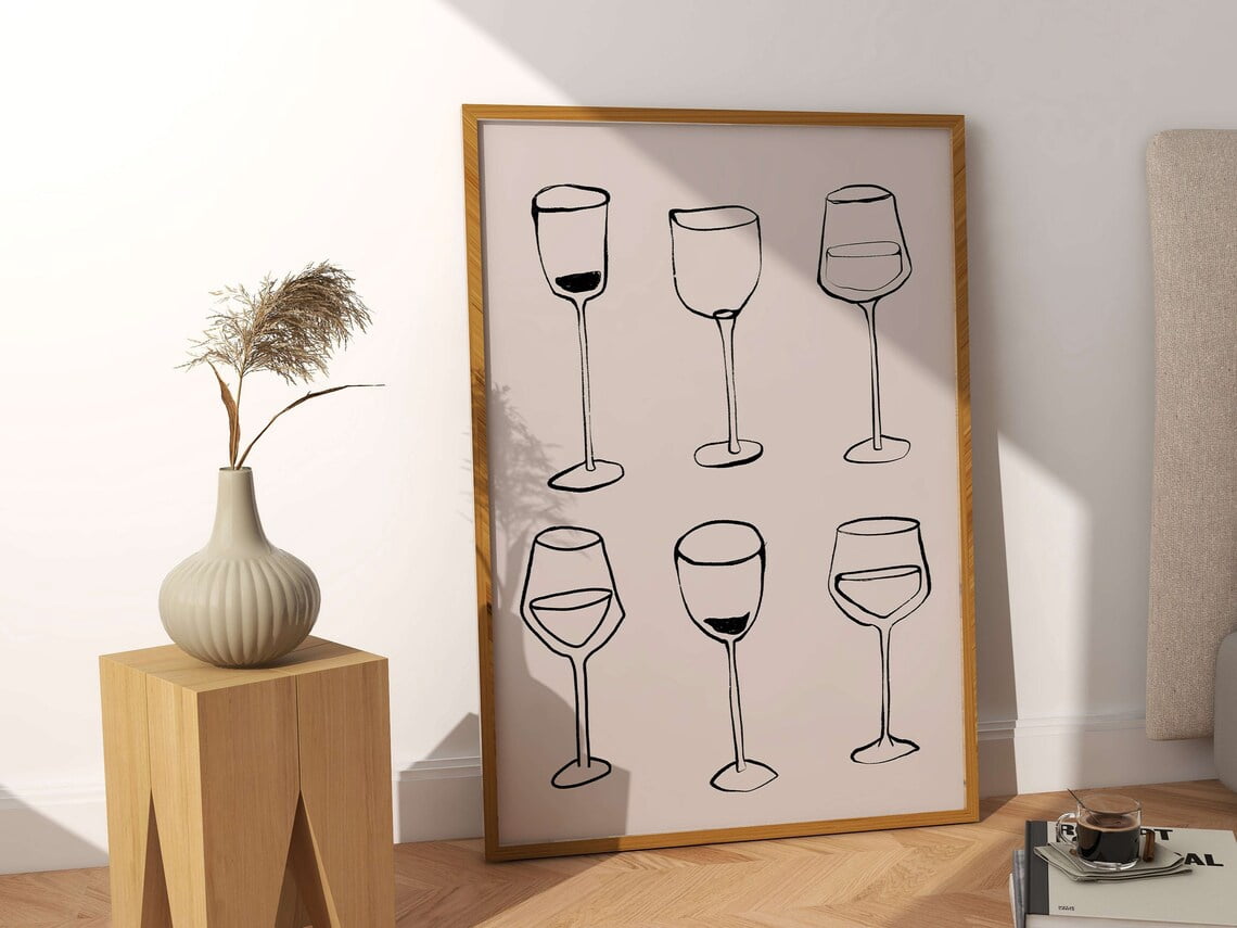 Wine Glass Wall Art Print, Kitchen Wall Decor, Wine Lover, Dining Room ...