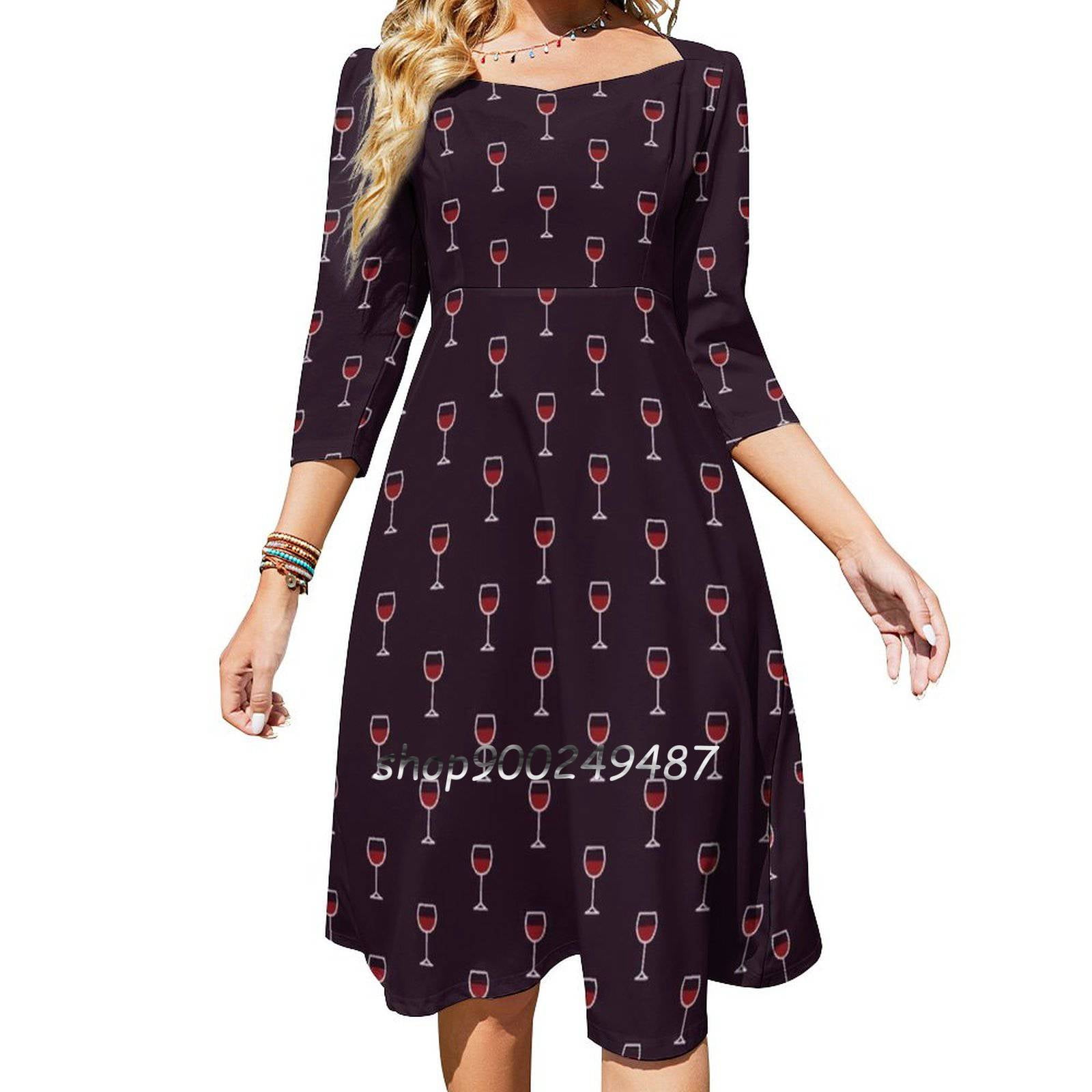 Wine-Icon Prints : Drinks Series Flare Dress Square Neck Dress Elegant ...