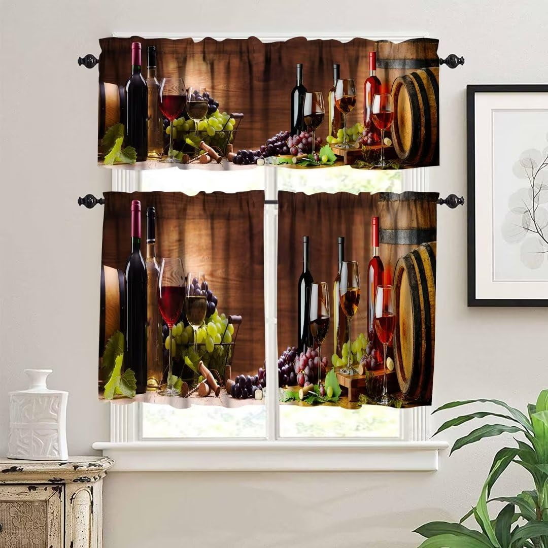 Wine Kitchen Curtains 3 Piece Set, Kitchen Window Red and White Wine Served with Grapes French ...