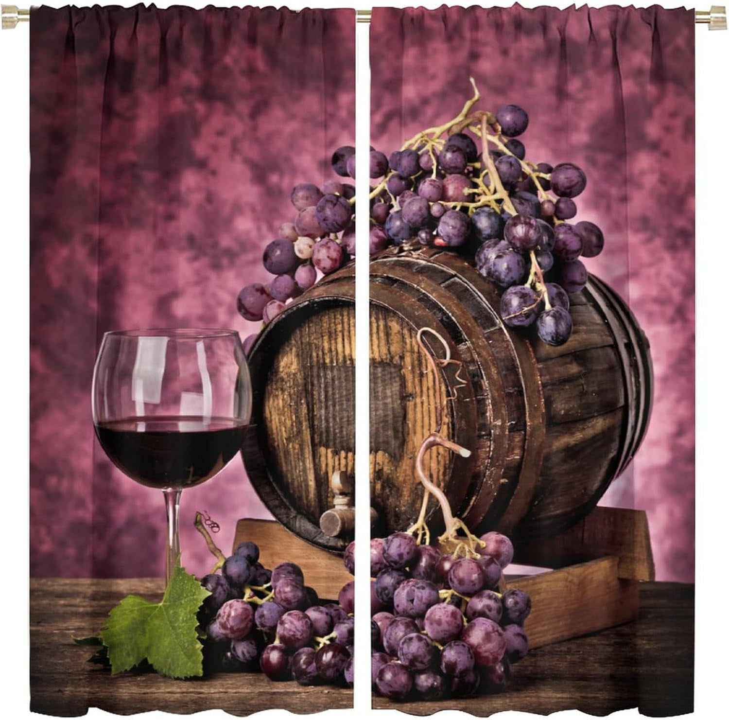 Wine Kitchen Curtains Fresh Grapes Fruit Decor Wine Wooden Cask Purple ...