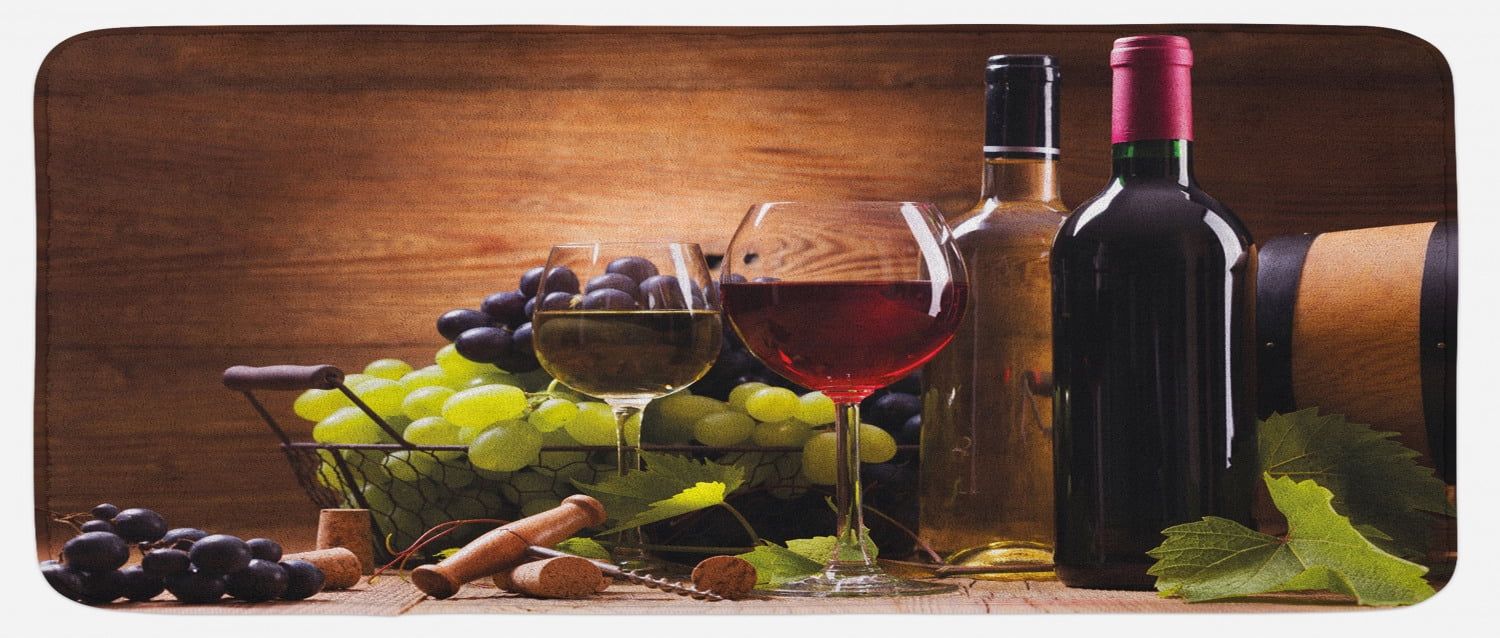 Wine Kitchen Mat, Glasses of Red and White Drink Served Grapes French ...