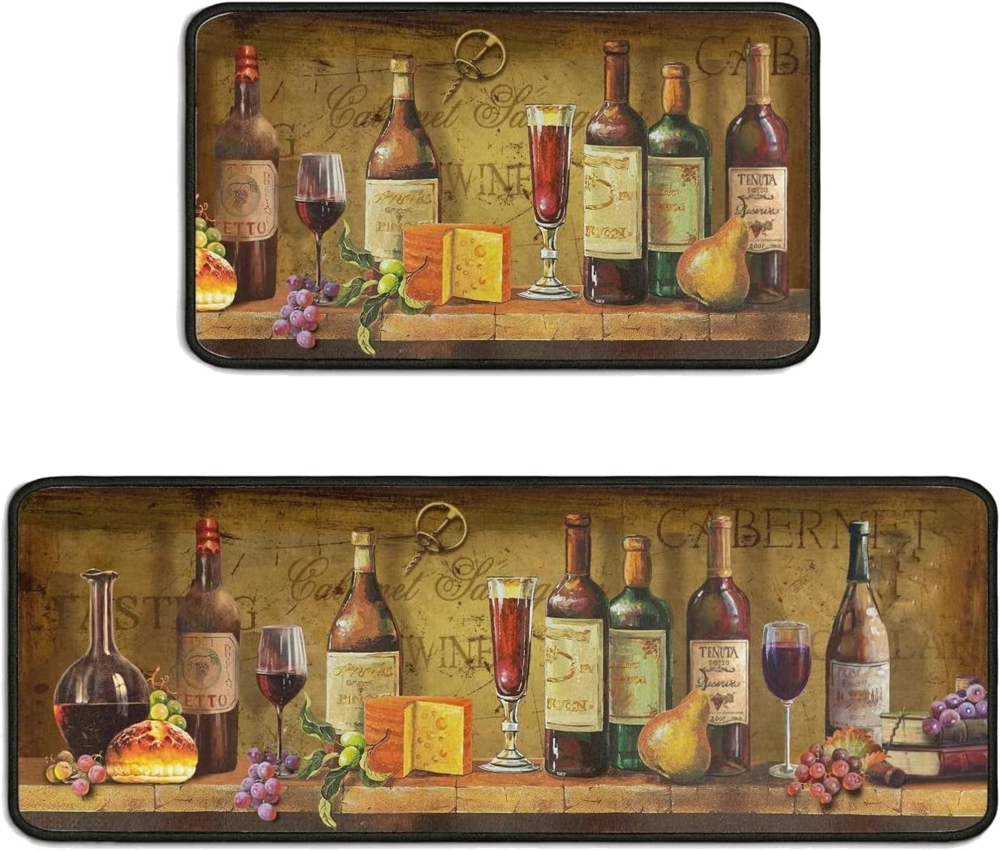 Wine Kitchen Mat Set 2 Pieces,Cushioned and Rugs,Kitchen Standing Retro ...