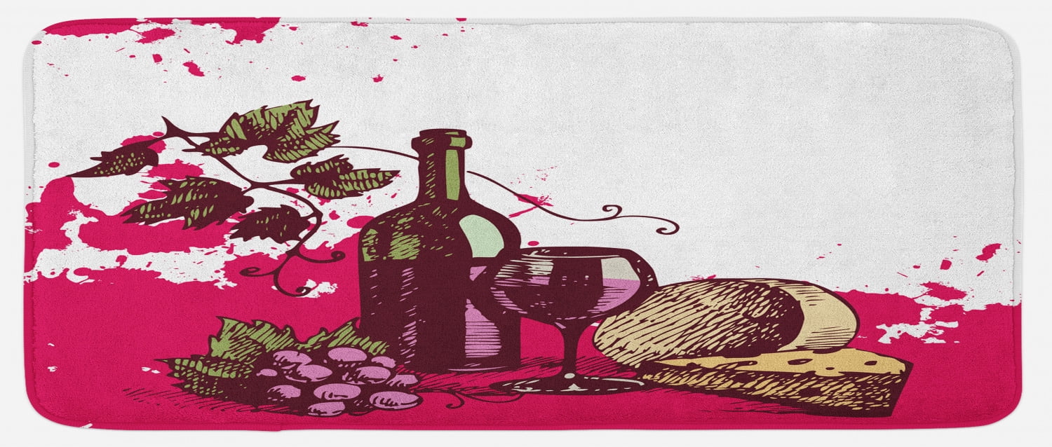 Wine Kitchen Mat, Vintage Sketchy Art Cheese Alcoholic Drink Fruit ...