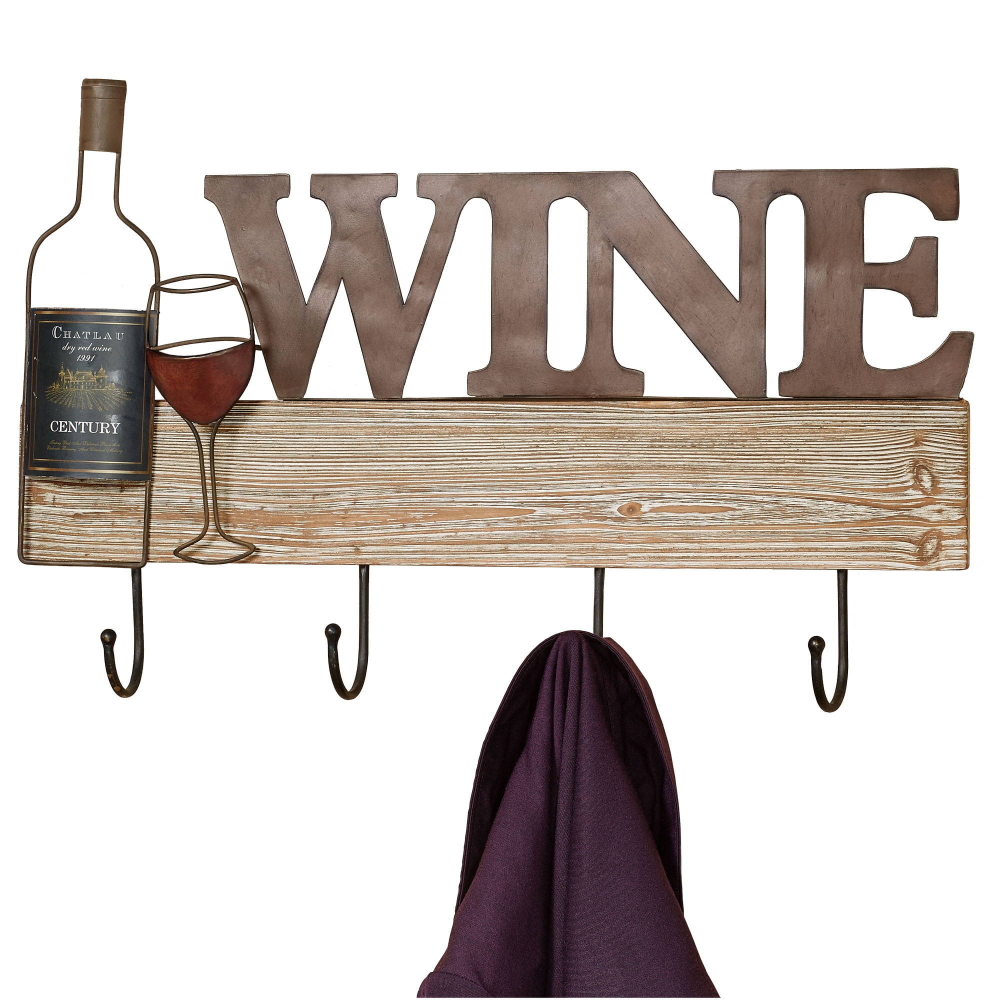 Wine Kitchen Wooden and Metal Wall Hook Rack Brown 24"Wx2.5"Dx16"H ...