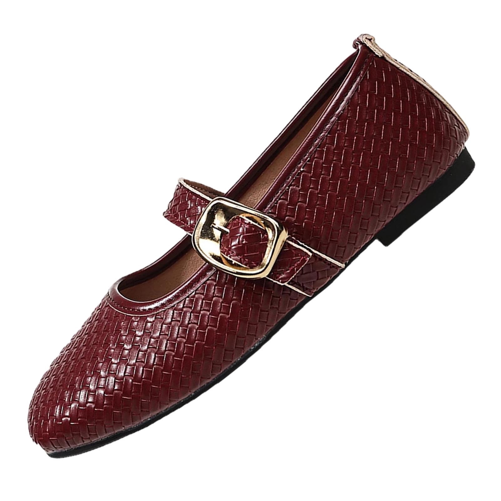 Wine Ladies Straight Buckle Flats Round Toe Low Profile Casual 2026 ...
