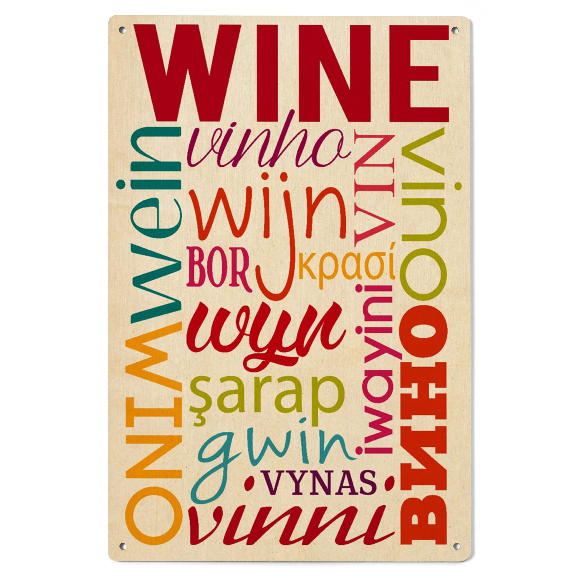 Wine, Multiple Languages, Typography Birch Wood Wall Sign (6x9 Rustic ...