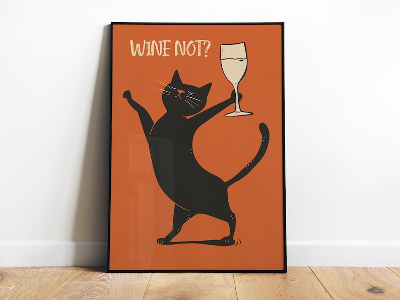 Wine Not Poster Printable, Funny Cat Kitchen Wall Art, Minimalistic ...
