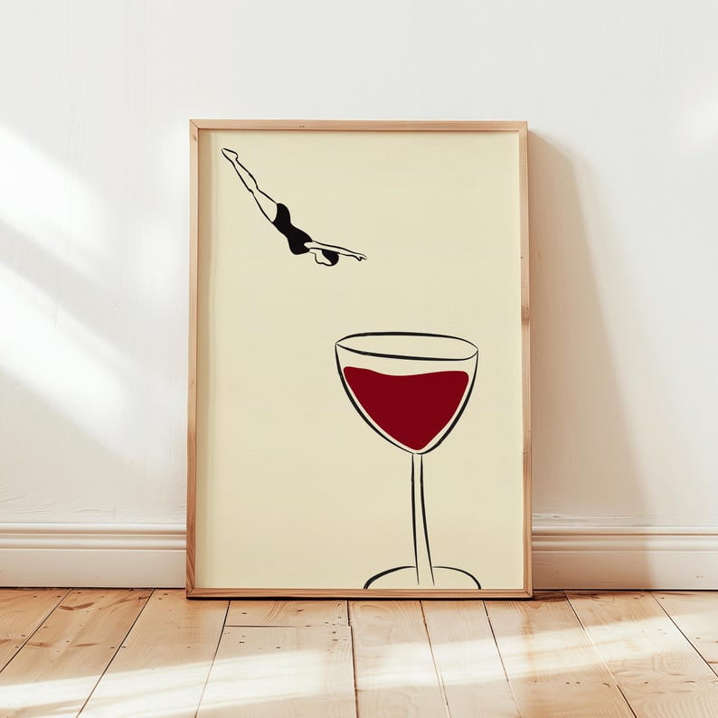 Wine Print, Dive Poster, Retro Wine Print, Diving into Wine Glass Print ...