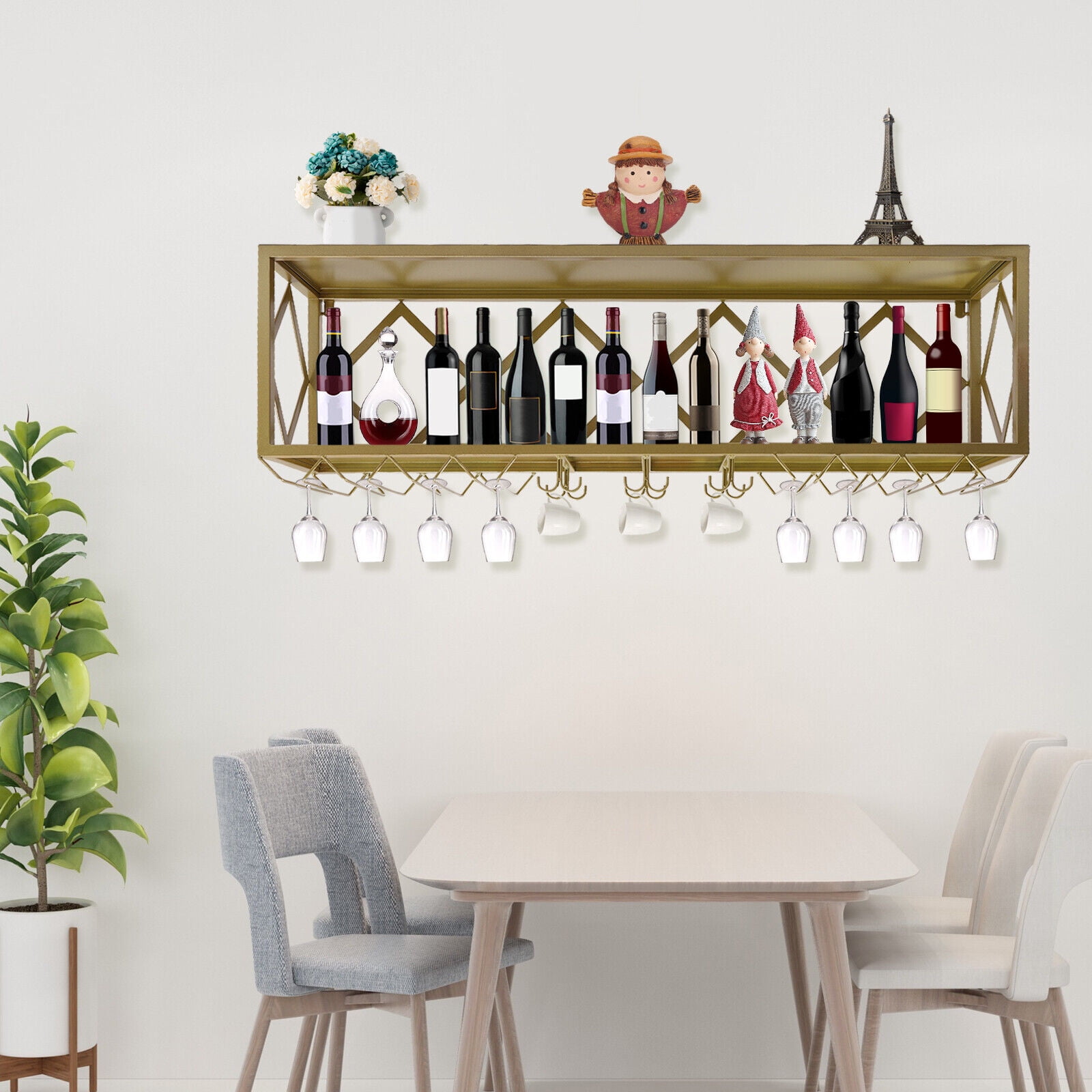 Wine Rack Bar Floating Shelves Wall-Mounted Iron Glass Holder Storage ...