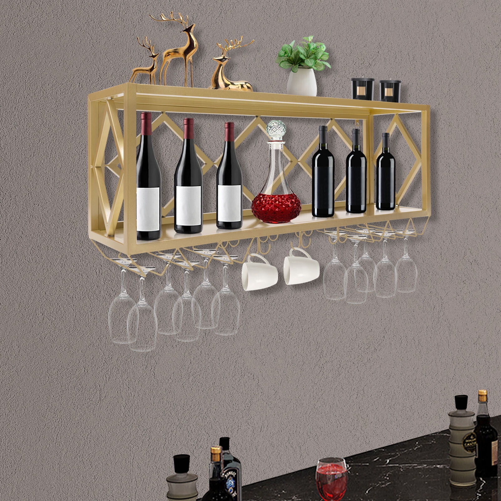 Wine Rack Bar Unit Floating Shelves Wall-Mounted Inverted Wine Bottle ...