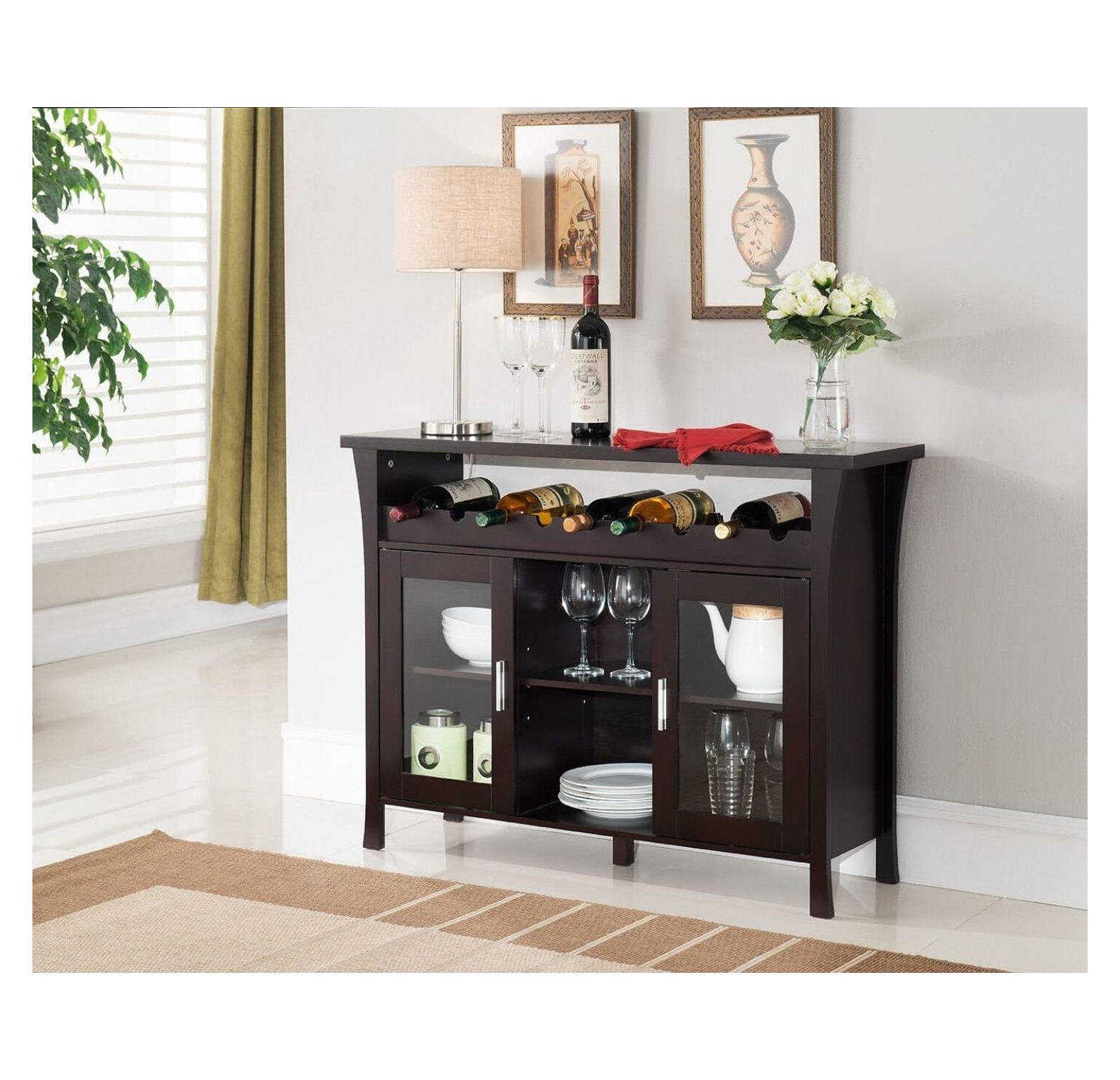 Wine Rack Buffet Server Console Table with Glass Doors, Espresso ...