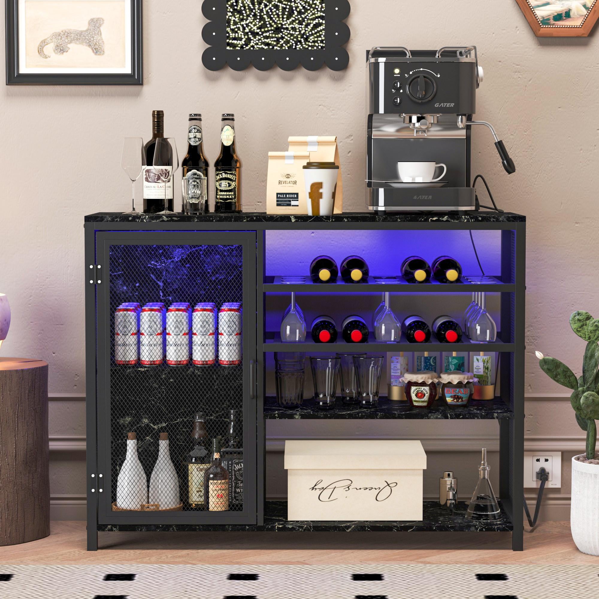 Wine Rack Cabinet with LED Lights, Metal Frame Bar Cabinet with Wine ...
