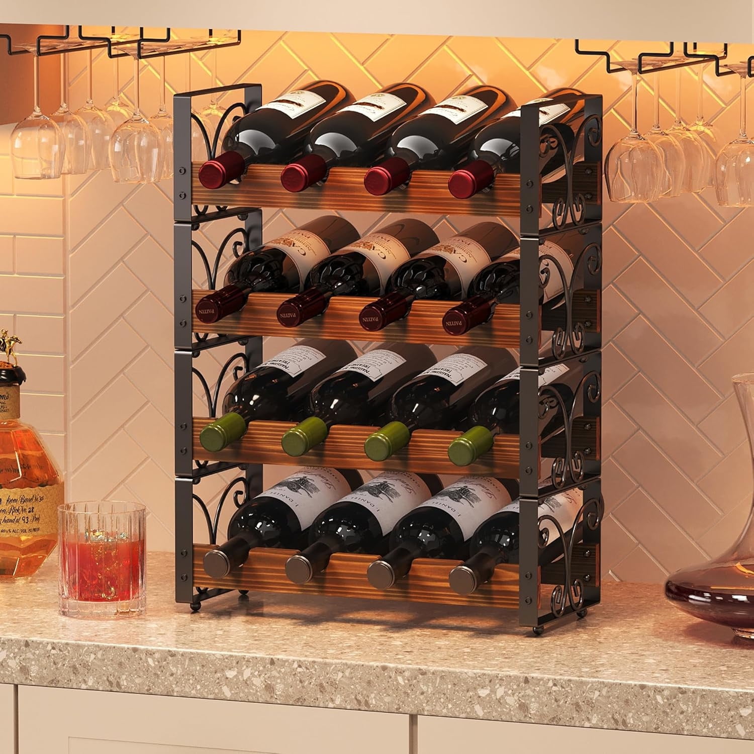 Wine Rack Freestanding Floo, Wooden & Metal Wine Bottle Holder, 4 Tier ...