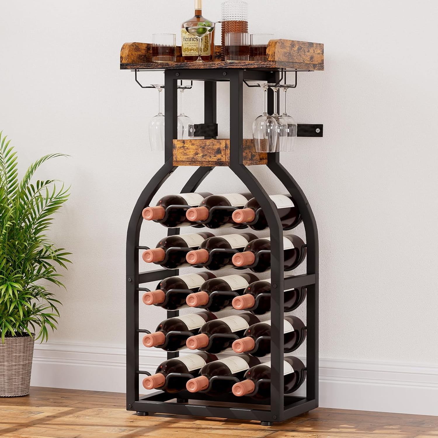 Wine Rack Freestanding Floor, Alcohol Organizer Stand Mini Bar Table Cabinet with Glass Holding ...