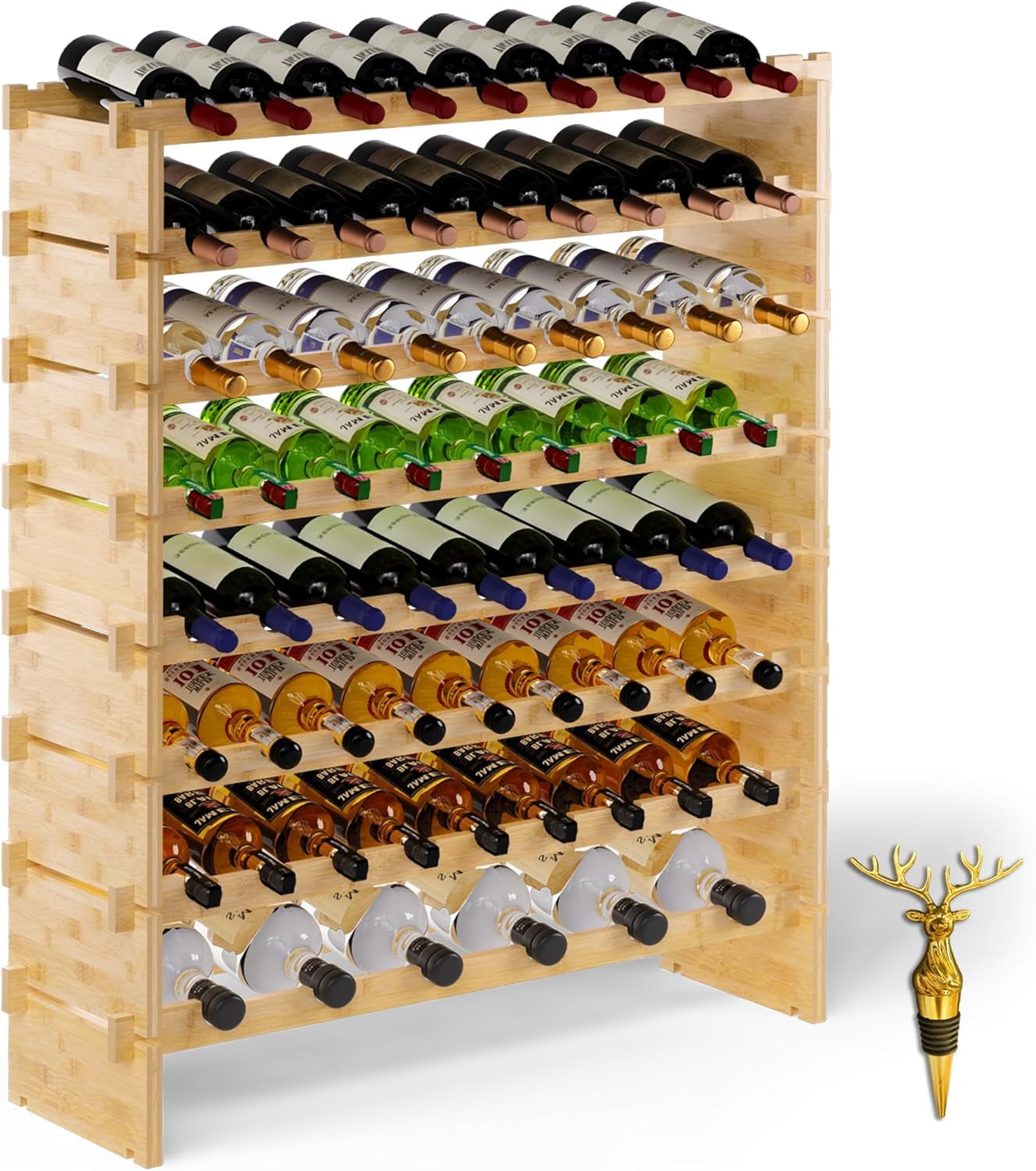 Wine Rack Freestanding Floor, Bamboo 8-Tier 69 Wine Bottle Holder Racks ...