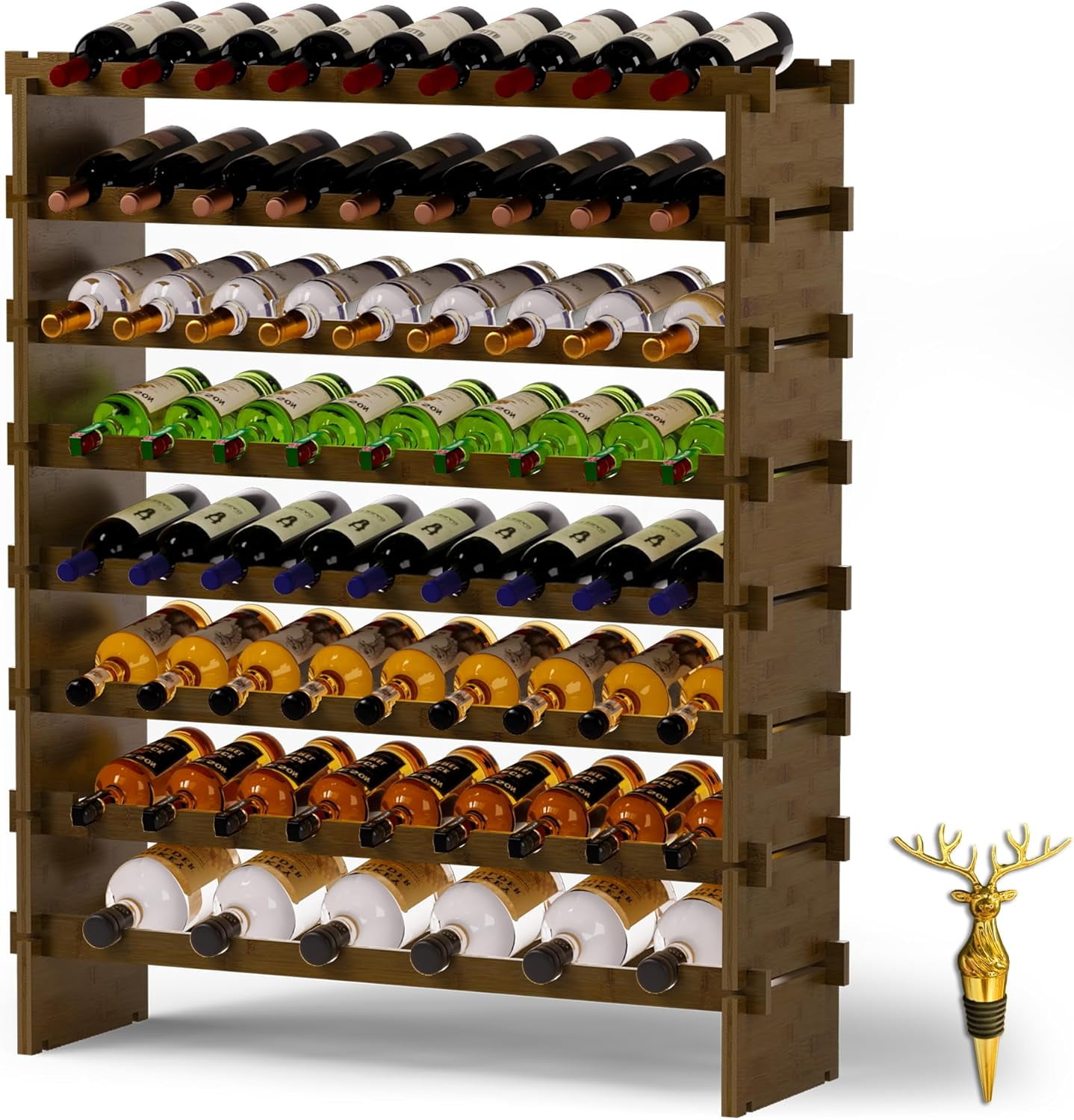 69-Bottle Walnut 8-Tier Bamboo Freestanding Wine Rack - Stackable ...