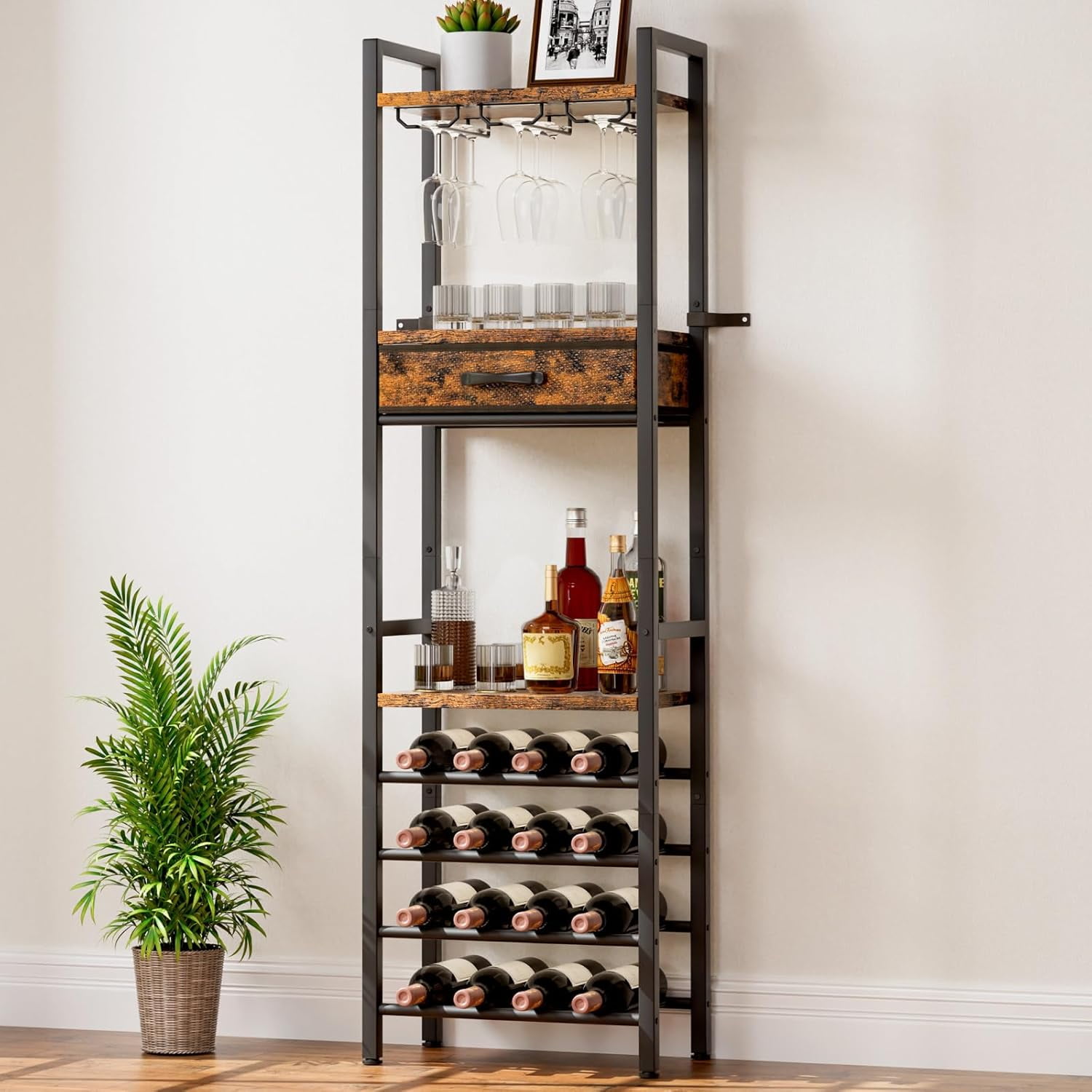 Wine Rack Freestanding Floor, Liquor Bar Cabinet with Storage Drawer, 4 ...