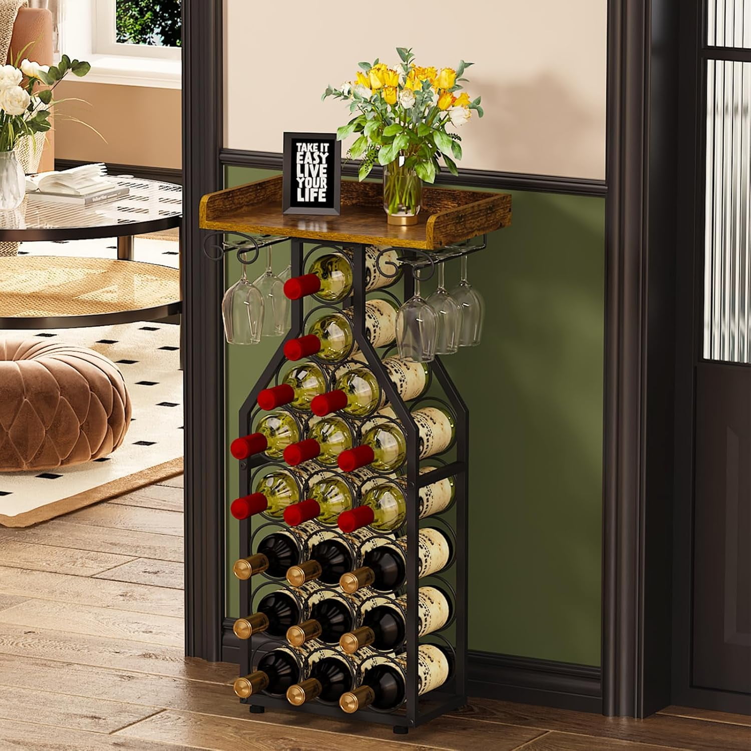 Wine Rack Freestanding Floor, Wine Storage Rack Mini Bar Table with ...