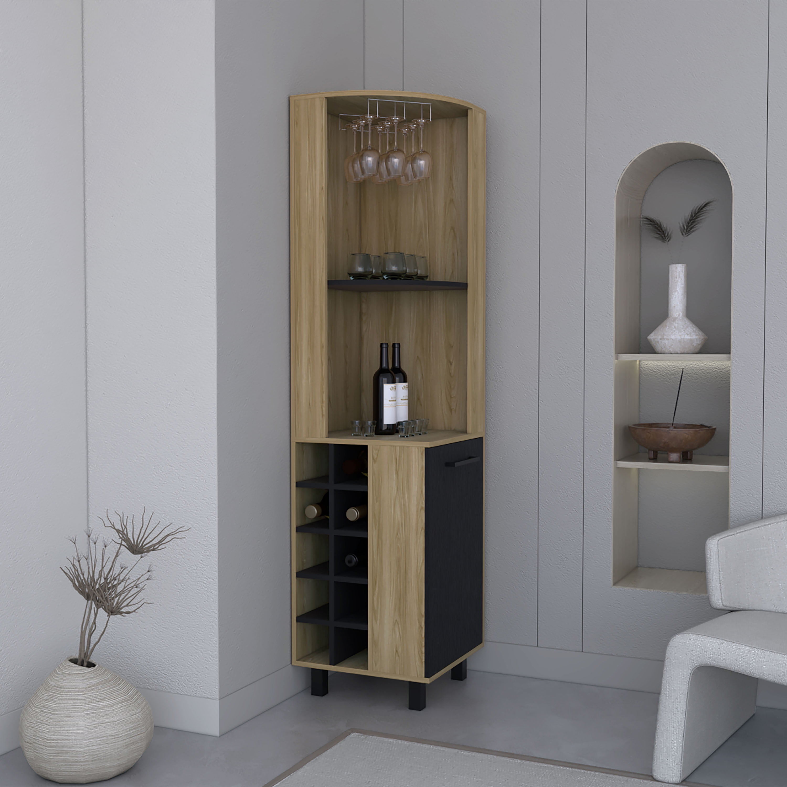Wine Rack Kaia 70" Tall Corner Bar Cabinet With Four Shelves, Ten Wine ...