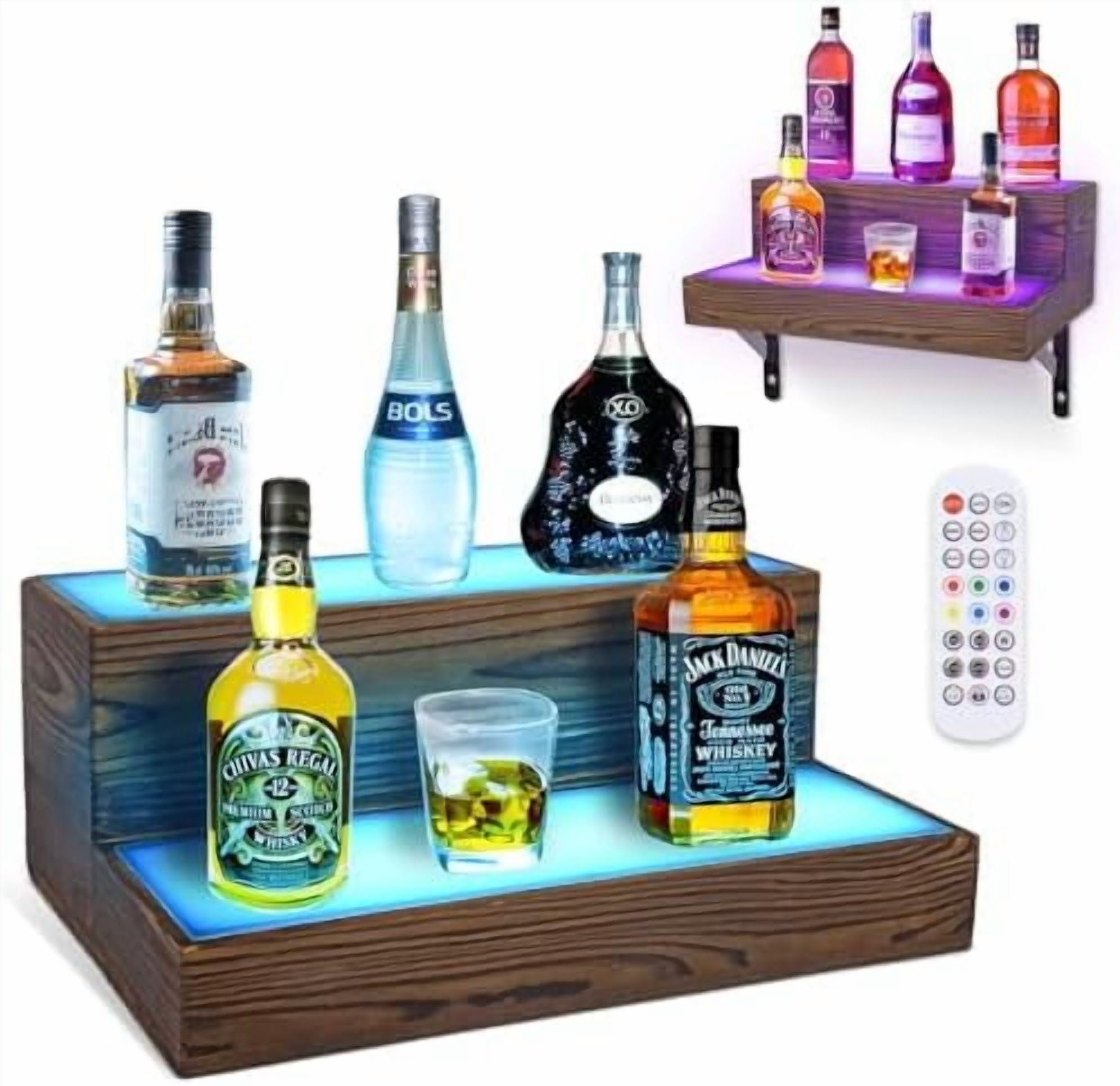 Wine Rack with LED Light Liquor Bottle Display Shelf Wall Mounted, 2 ...