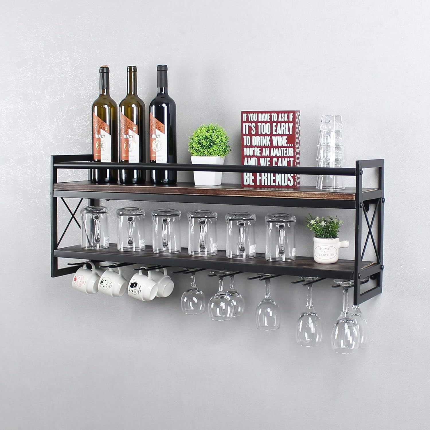 Wine Rack Stemware Glass Rack, 2-Tier Industrial Wood Shelf, 36" Wall ...