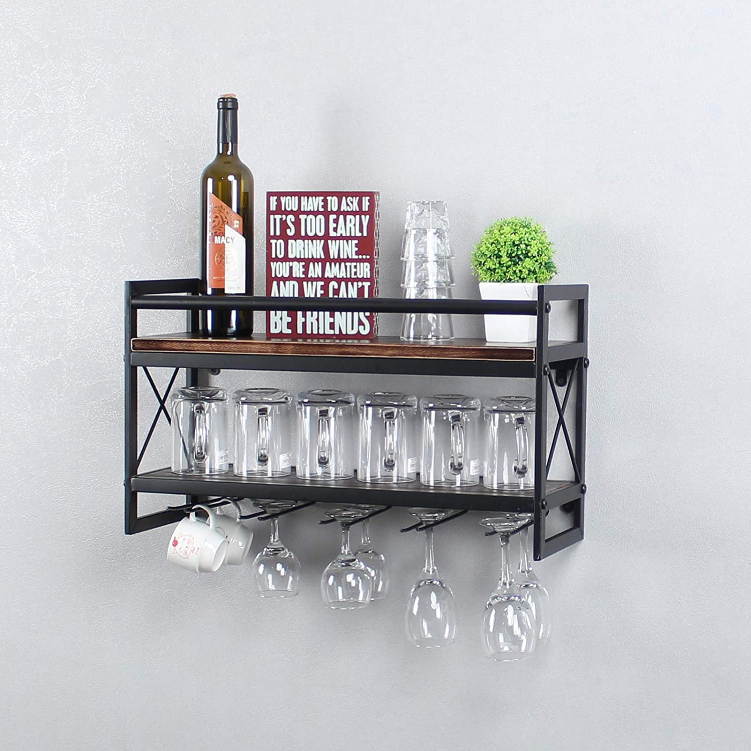 Wine Rack Stemware Glass Rack,Industrial 2-Tier Wood Shelf,24in Wall ...