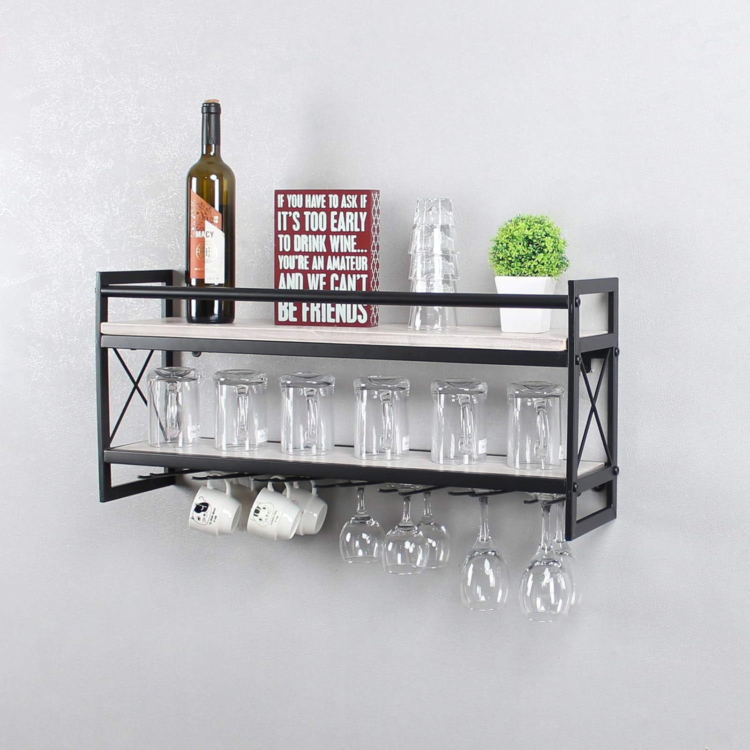 Wine Rack Stemware Glass Rack, Industrial 2-Tier Wood Shelf, 30" Wall ...