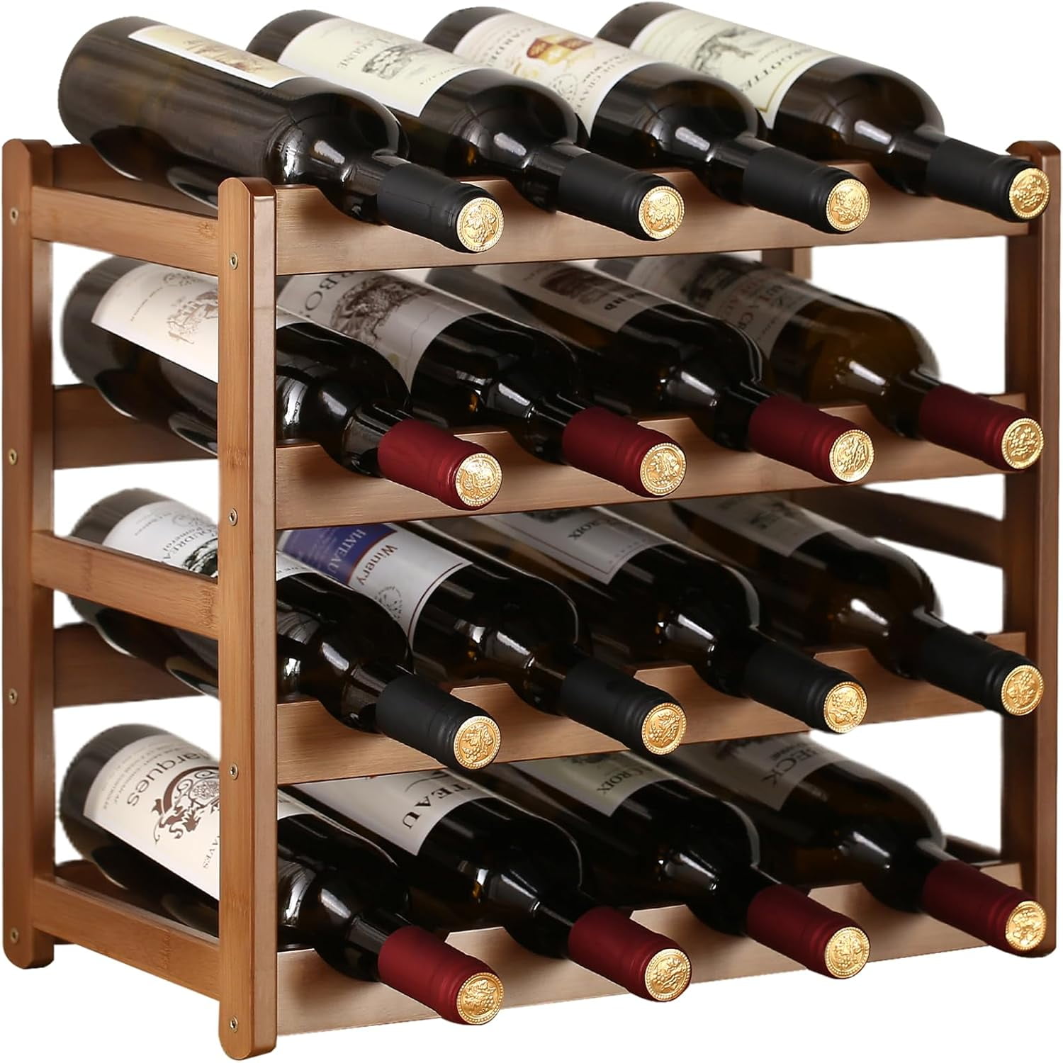 Wine Rack Storage,Bamboo Wine Racks Cabinet Shelf,4-Tier 16 Bottles ...