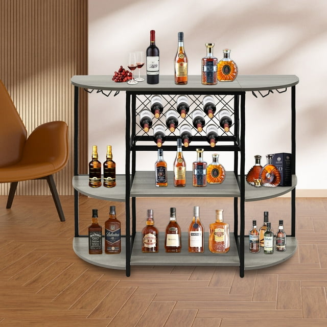 Wine Rack Table 3-Layer Wine Bar Cabinet Freestanding Floor Shelf for ...
