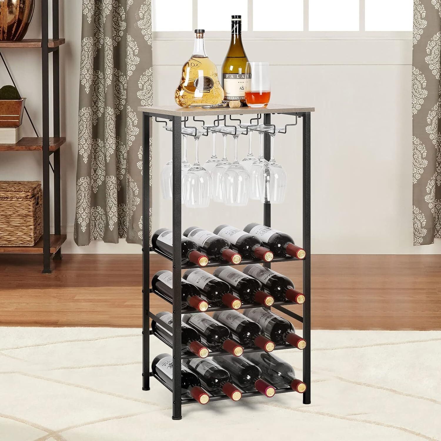 Wine Rack Table Freestanding Floor 16 Bottles Wine Rack with 9 Wine ...