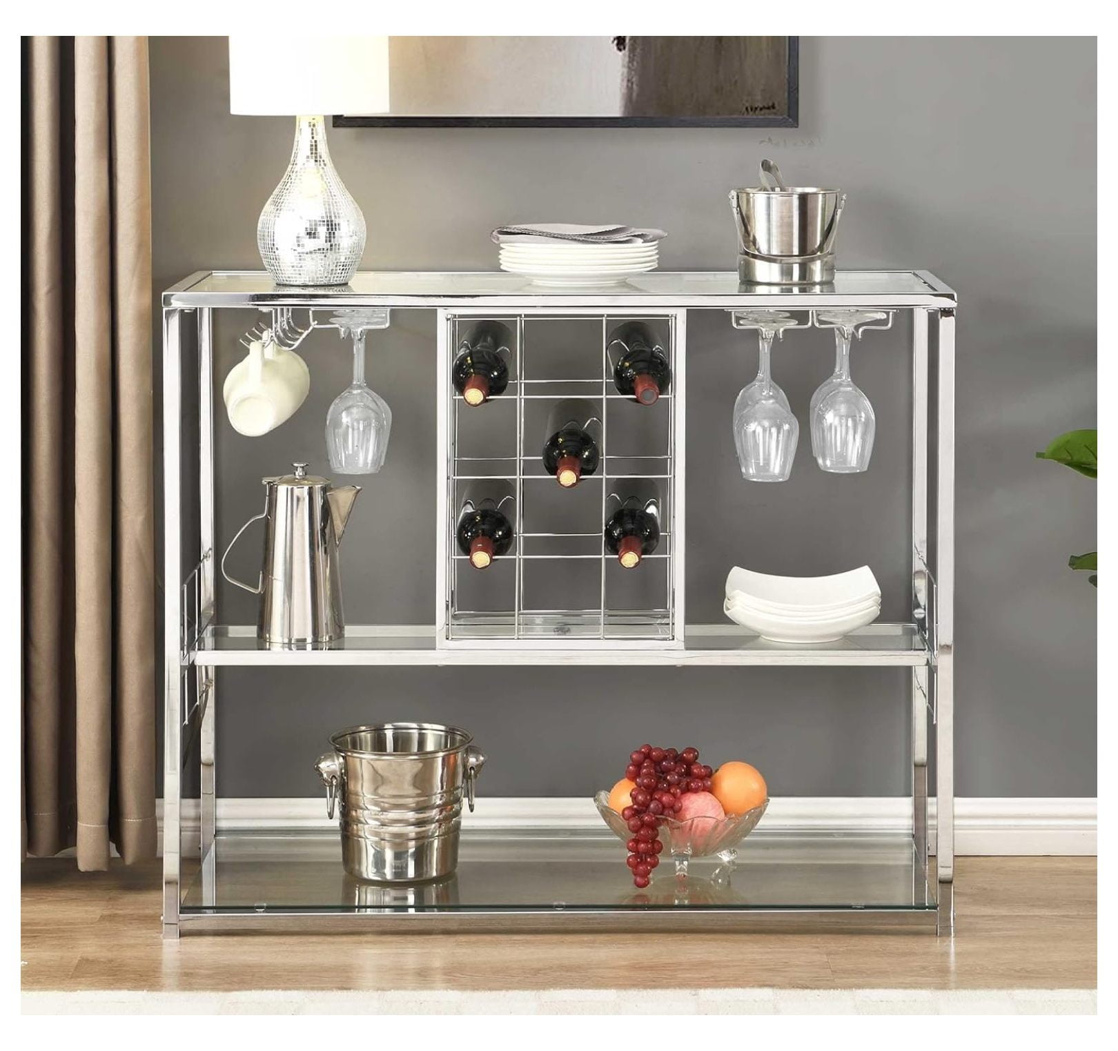 Wine Rack Table with Glass Holder, 3-Tier with Temered Glass Shelves ...