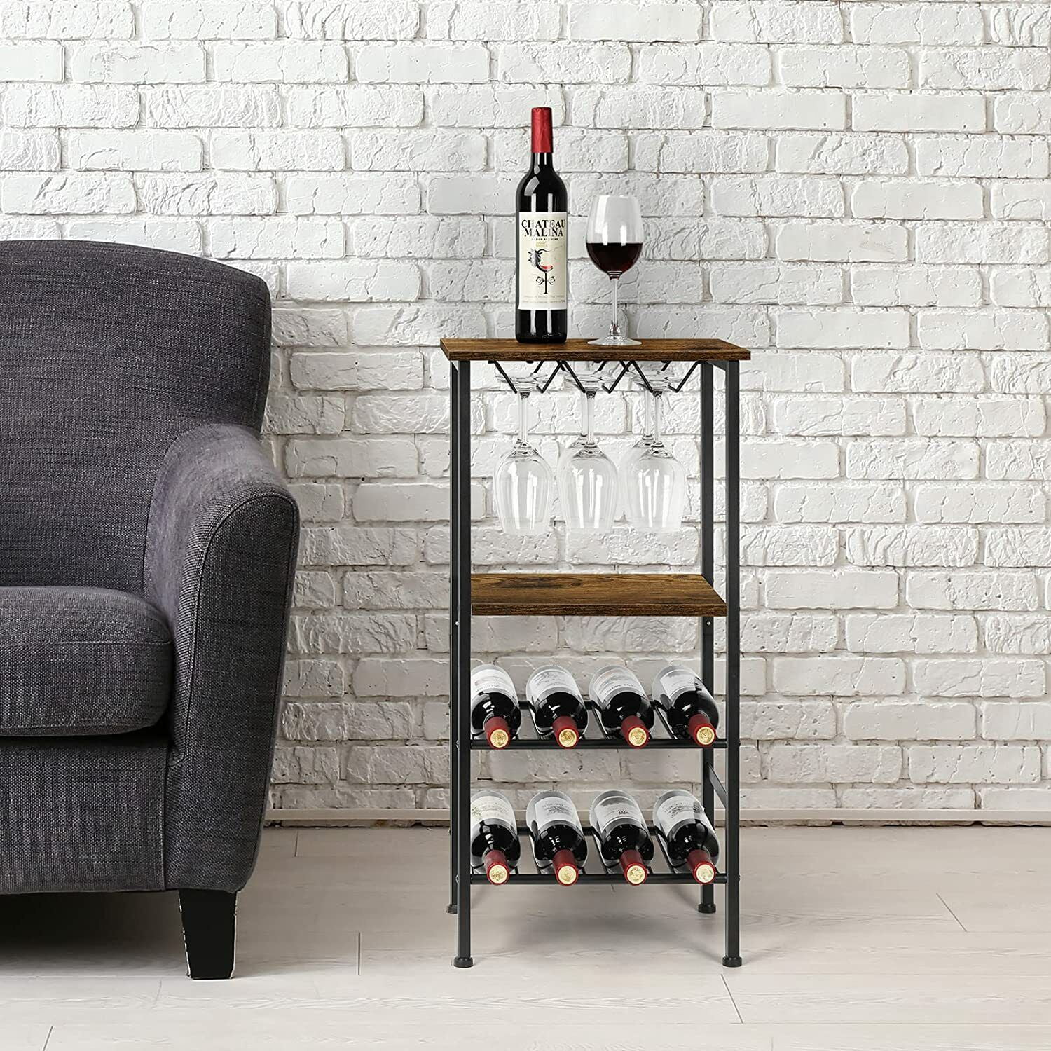 Industrial Wine Rack Table, Freestanding with Glass Holder, Brown ...