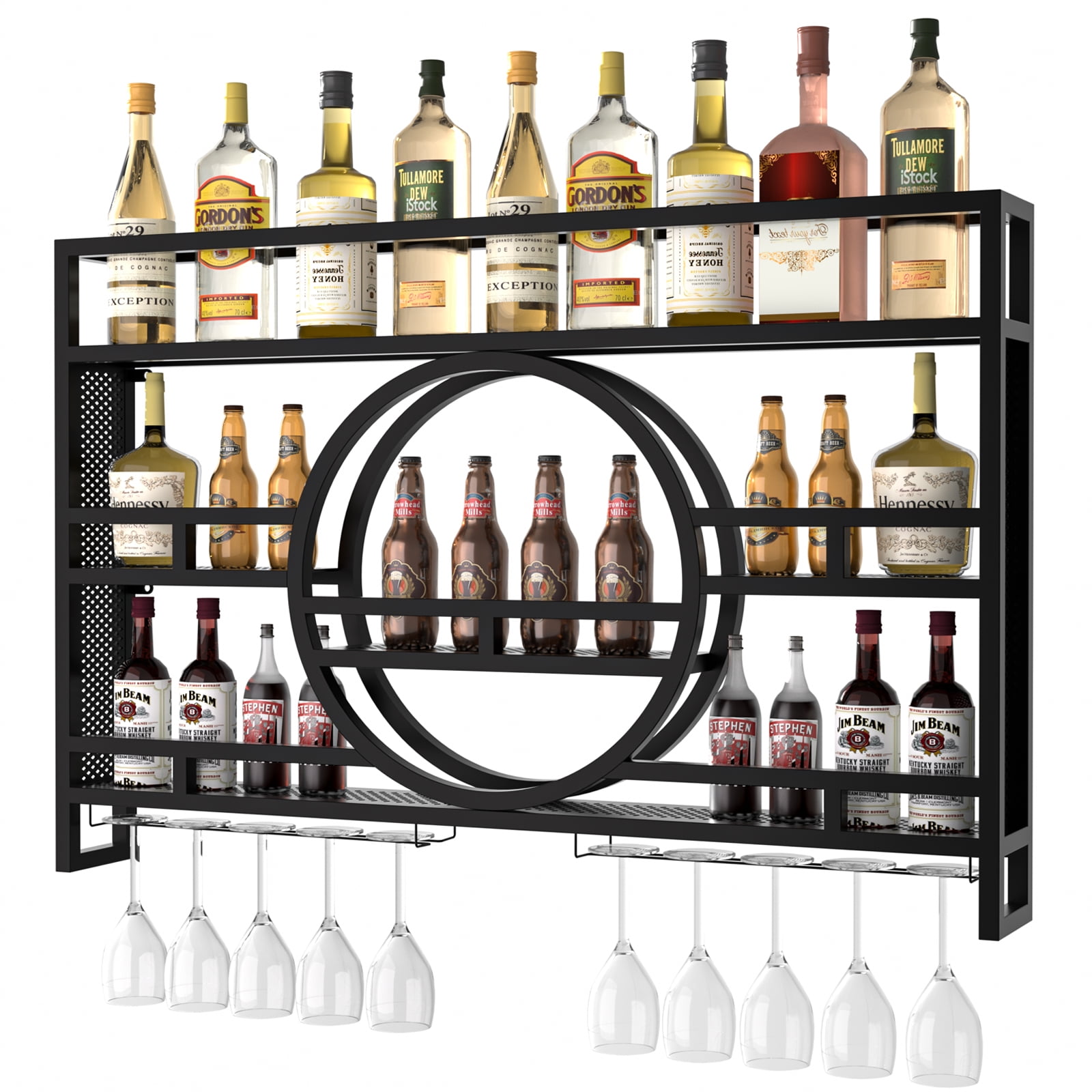 Wine Rack Wall Mounted Floating 3-Tiers Bar Shelves with Wine Glass ...