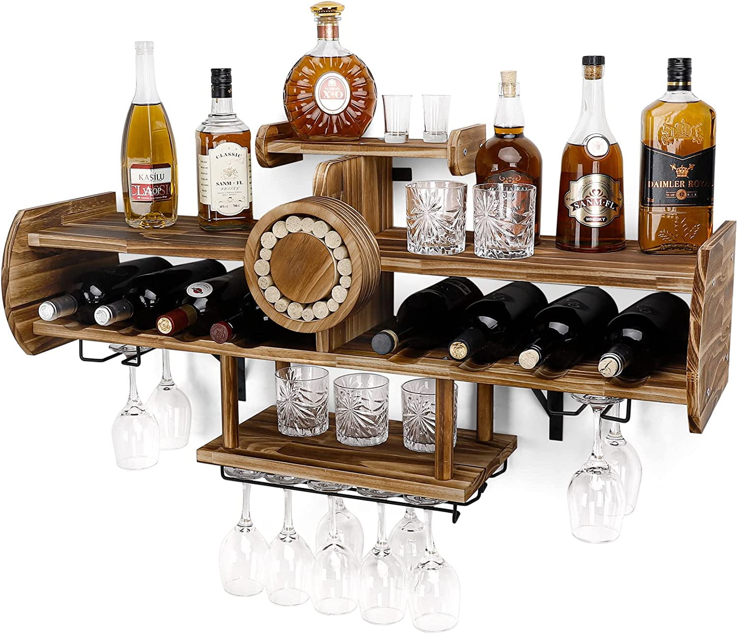 Wine Rack Wall Mounted Wood,Alcohol Shelf with Bottle Stemware Glass ...
