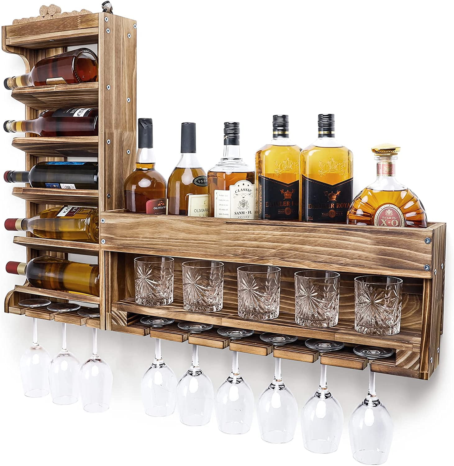 Wine Rack Wall Mounted Wood,Alcohol Shelf with Bottle Stemware Glass ...