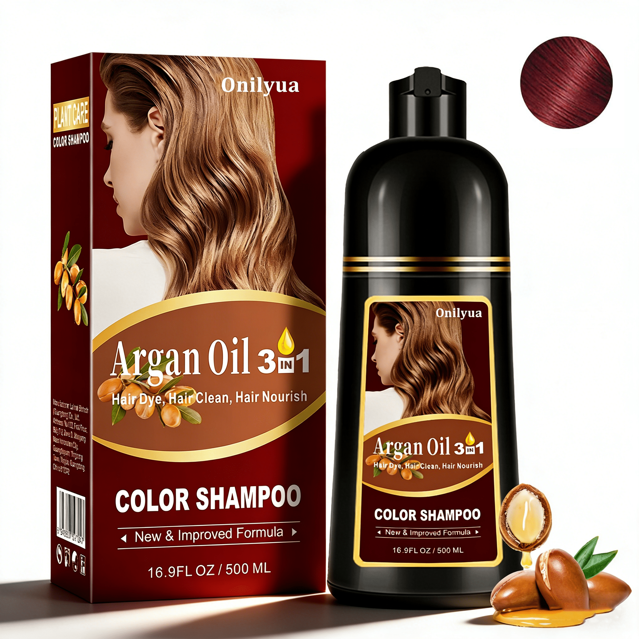 Wine Red Argan Oil Hair Dye Shampoo , 3 in 1 Hair Color Shampoo Lasts 4 ...