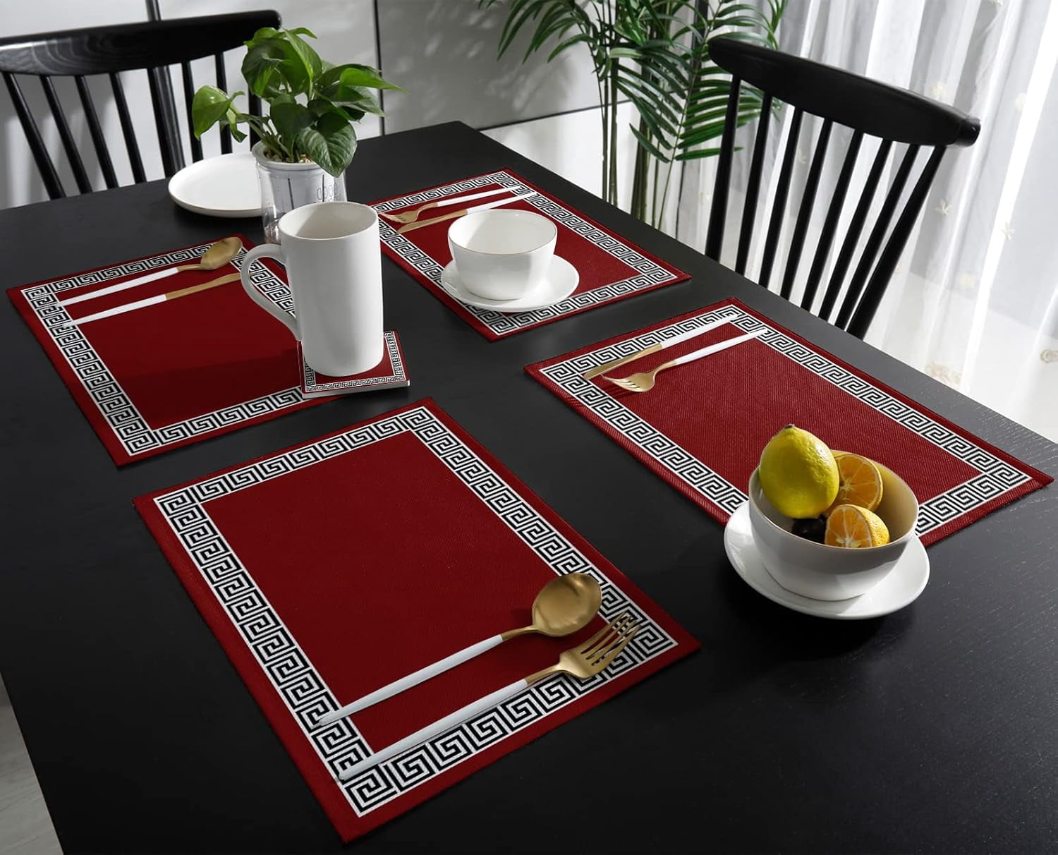 Wine Red Black Placemats for Dining Table Set of 6, Cotton Linen Cloth ...