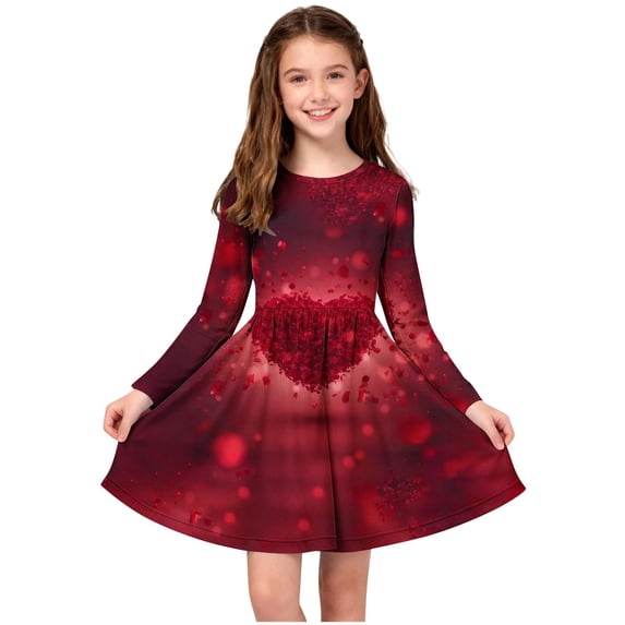 Wine Red Girls Heart Print Long Sleeve A-Line Dress for Valentine's ...